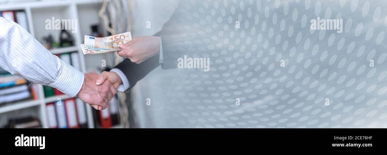 Hand shake deal with cash exchange; panoramic banner Stock Photo - Alamy