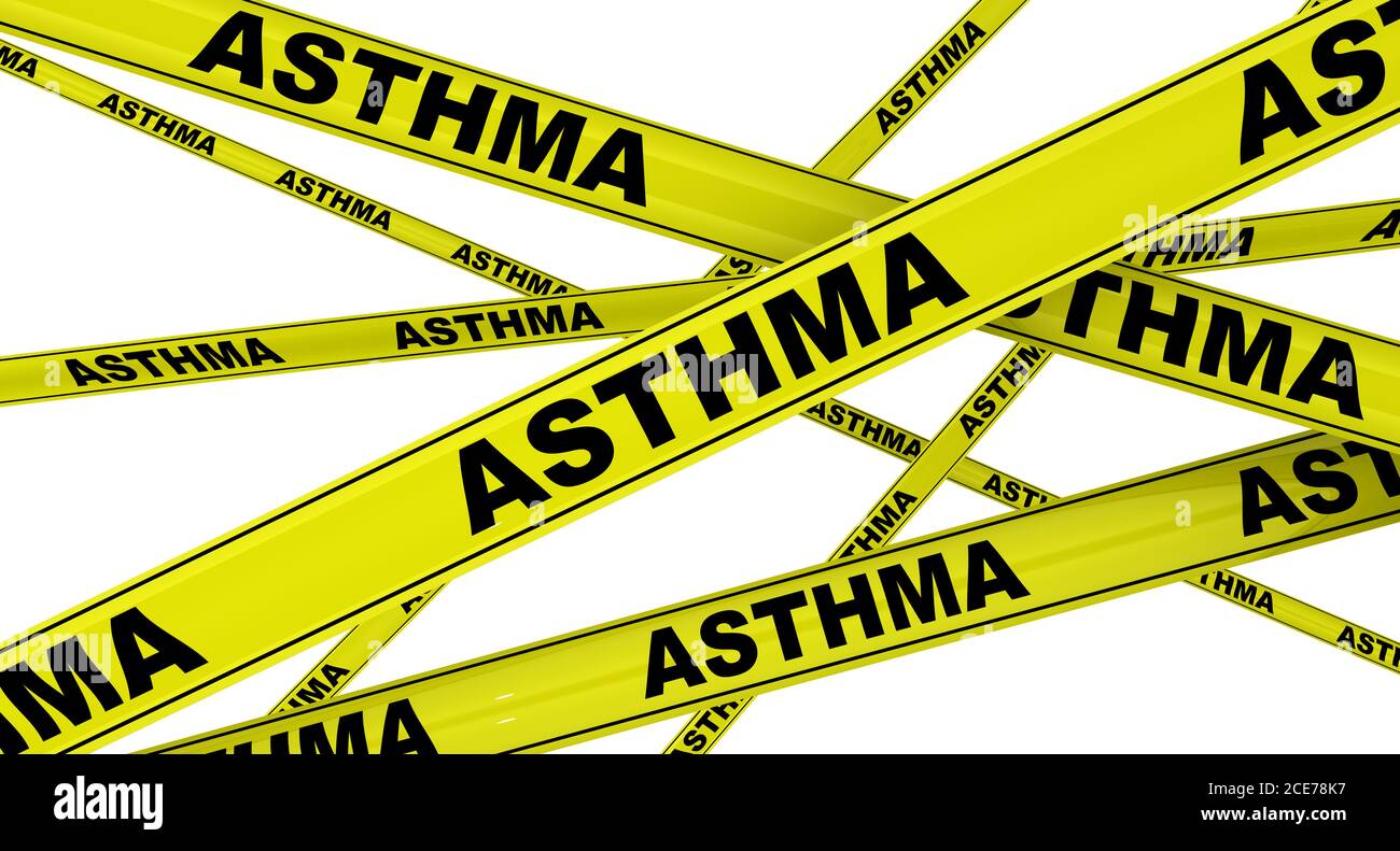 Asthma. Yellow warning tapes with black words ASTHMA (disease of the ...