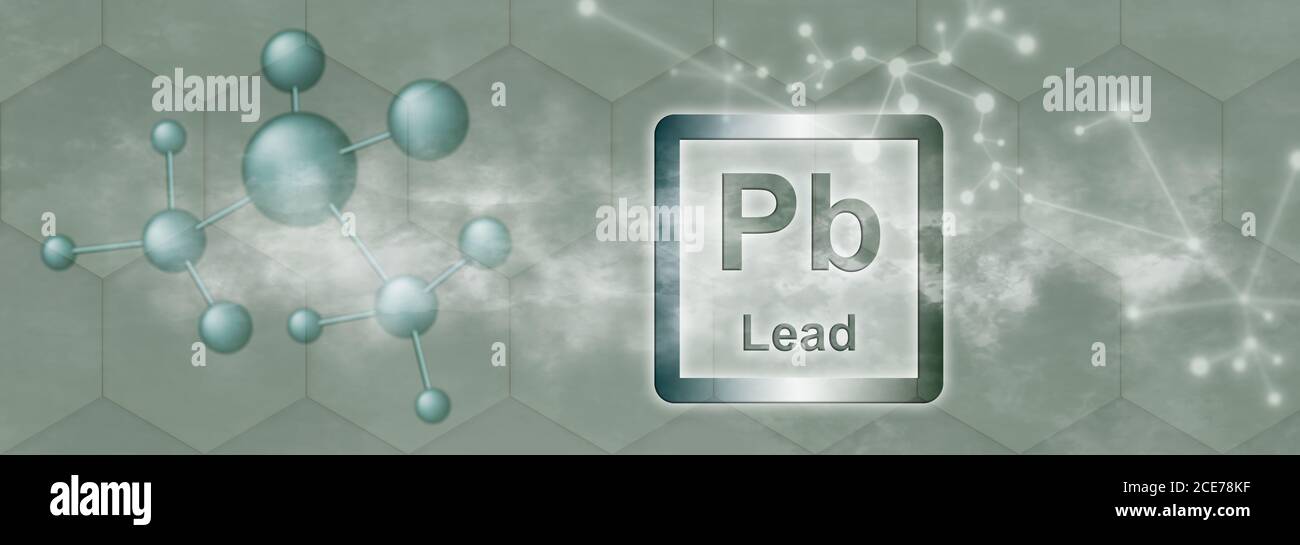 Pb symbol. Lead chemical element with molecule and network on grey ...