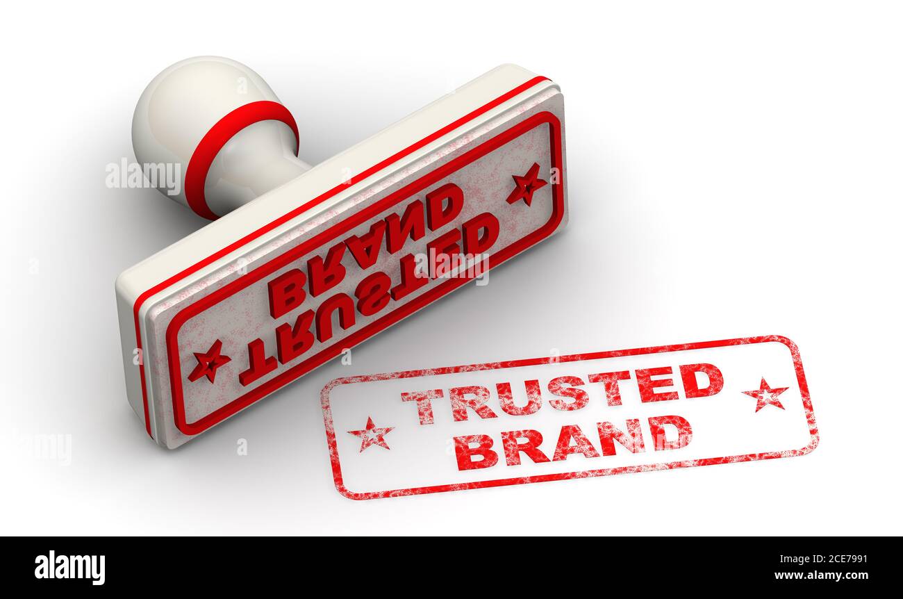 Trusted brand. The stamp and an imprint. White rubber stamp and imprint ...