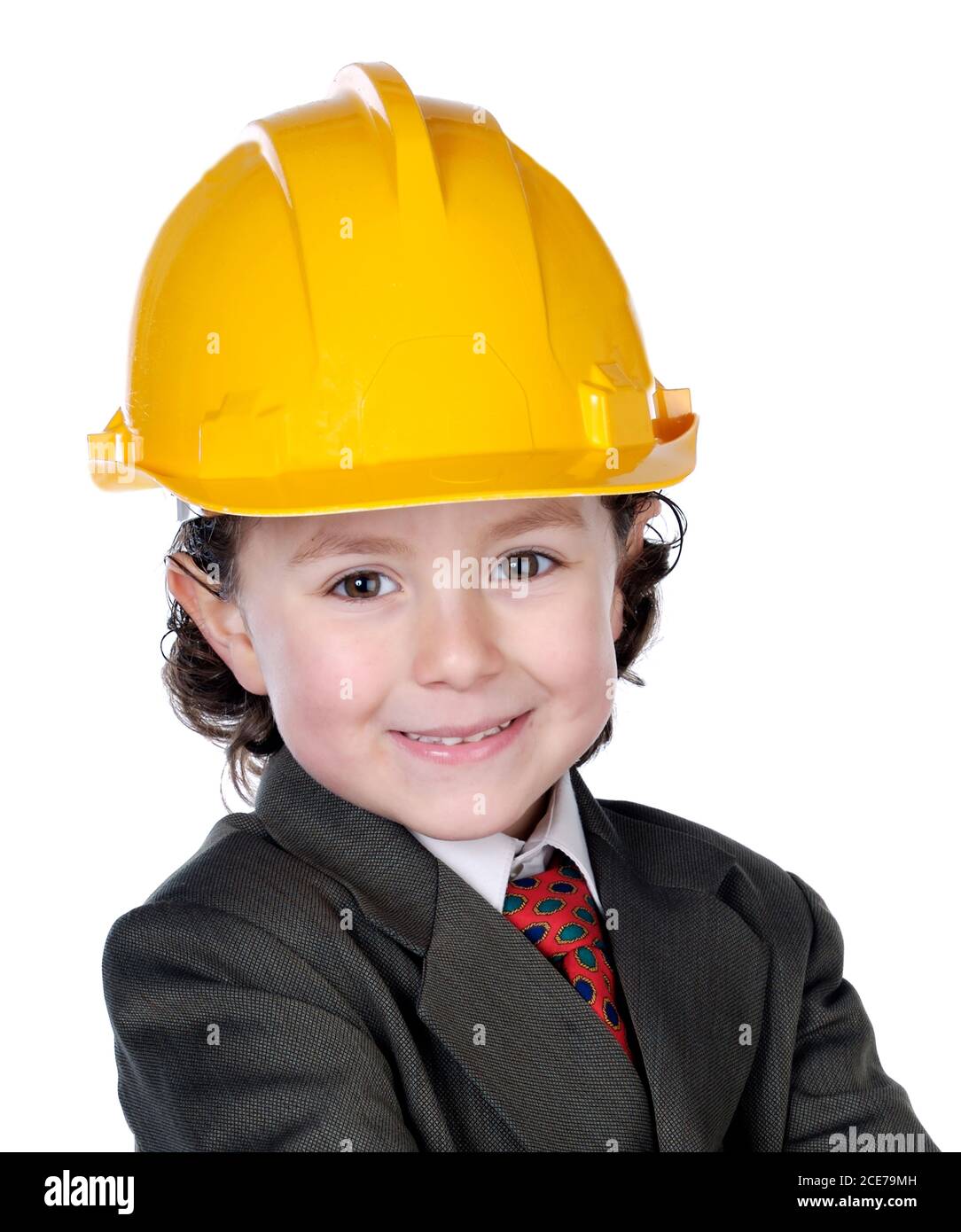 Children with helmet like a engineer isolated on a white background ...