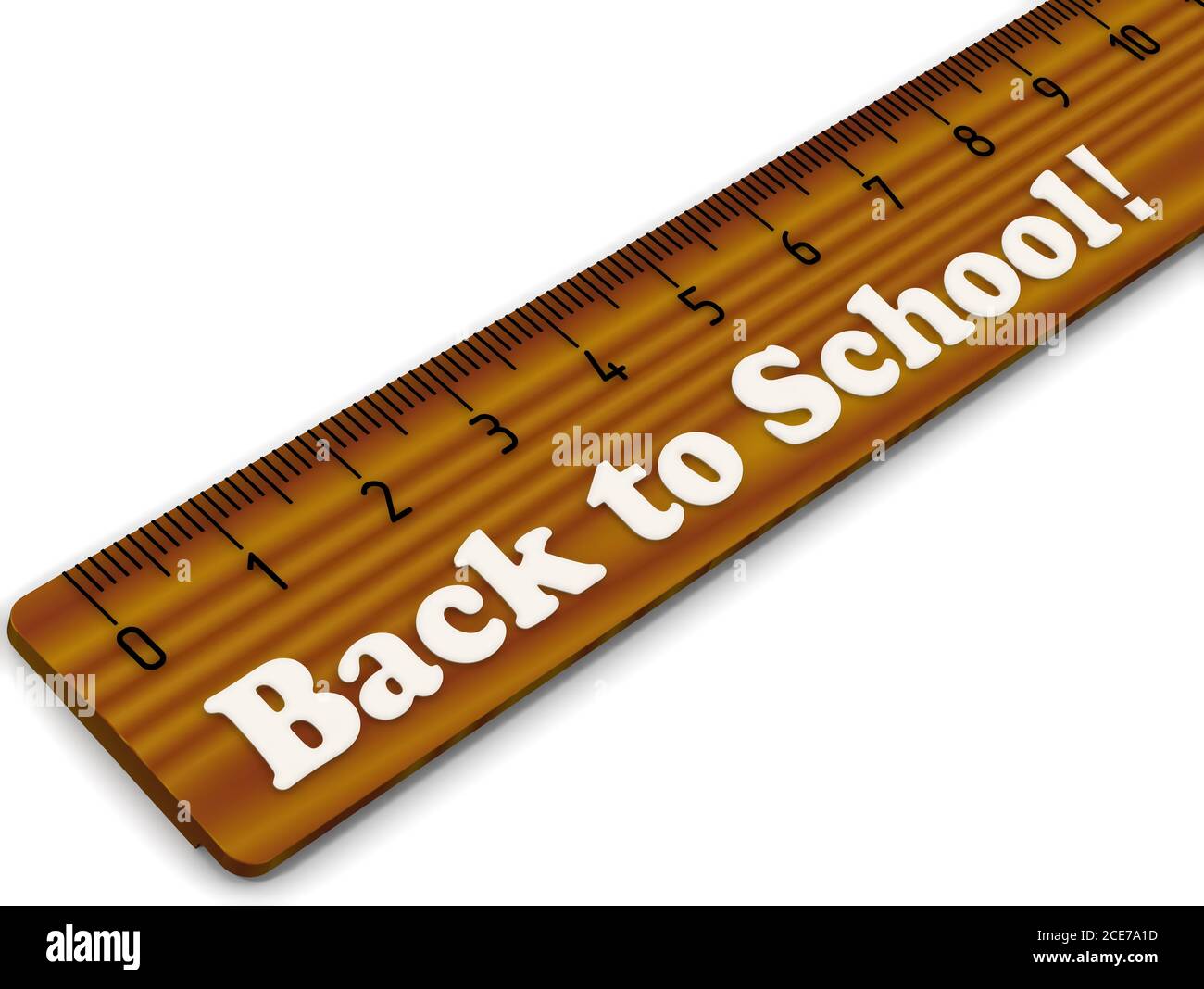 Wooden ruler labeled with white word BACK TO SCHOOL! on white surface ...