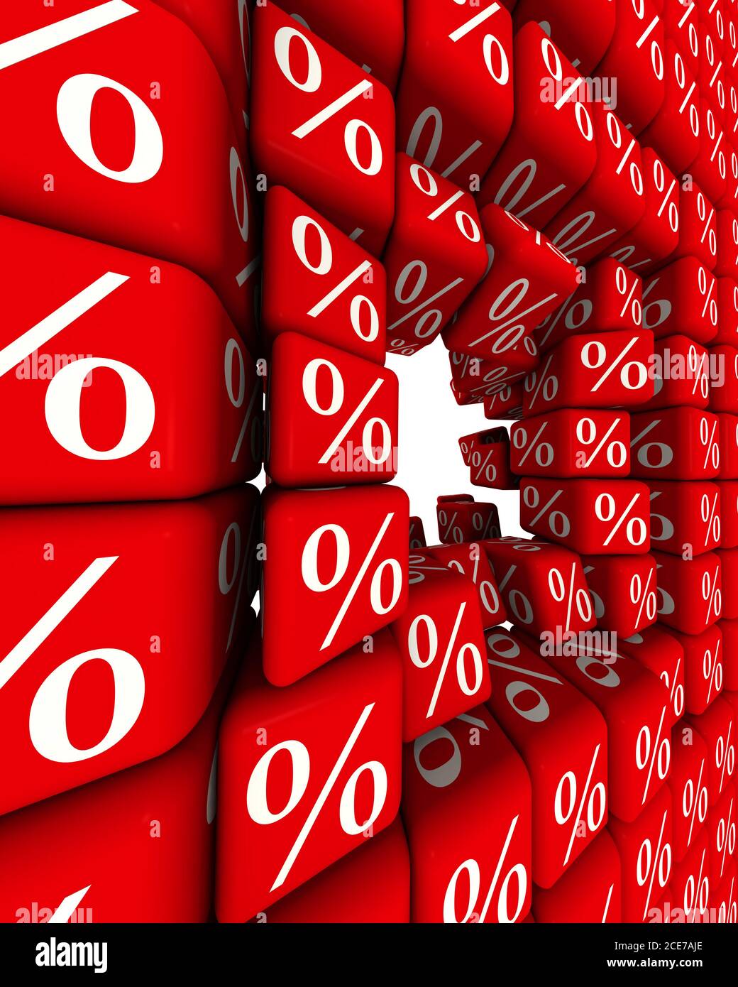 Destruction of a wall of cubes with the symbols of percent. Hole in the ...