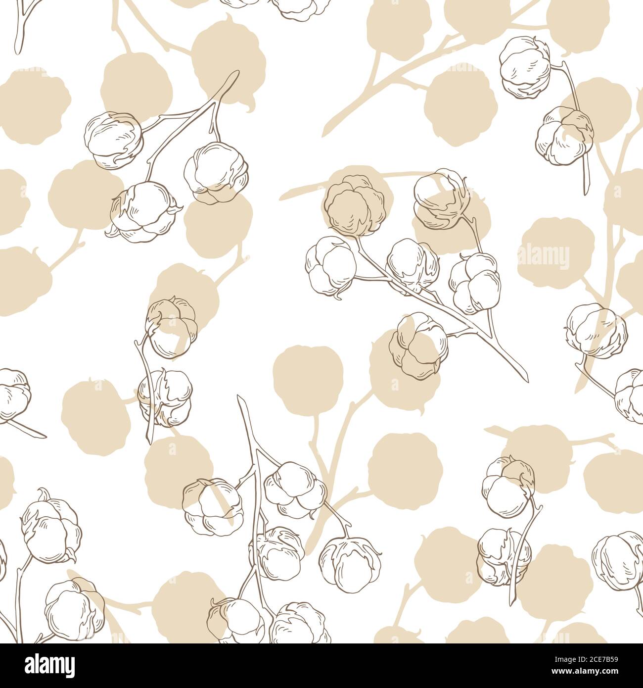 Cotton plant graphic beige color seamless pattern background sketch ...