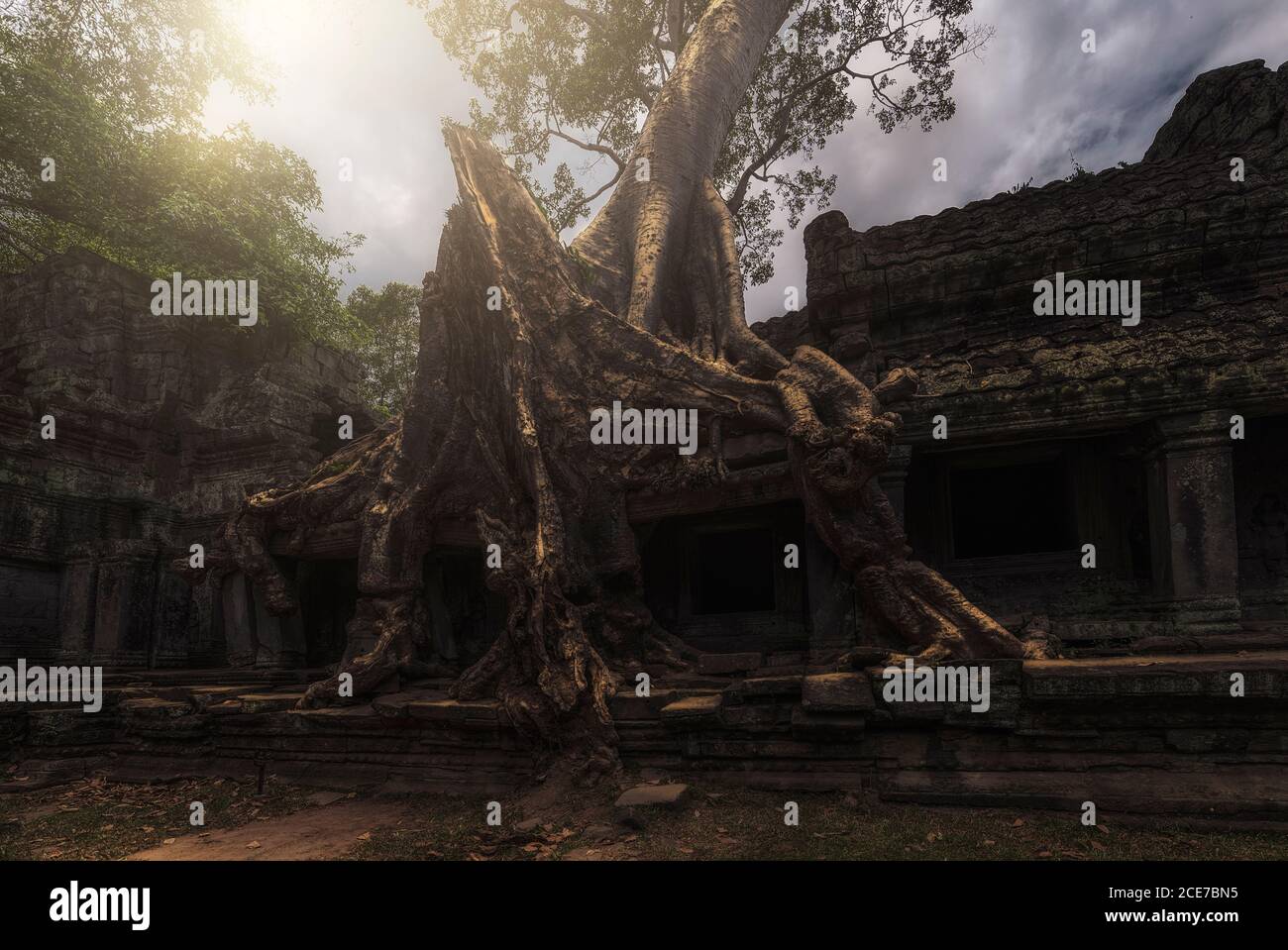 Low angle of wonderful scenery of aged Buddhist temple covered with ...