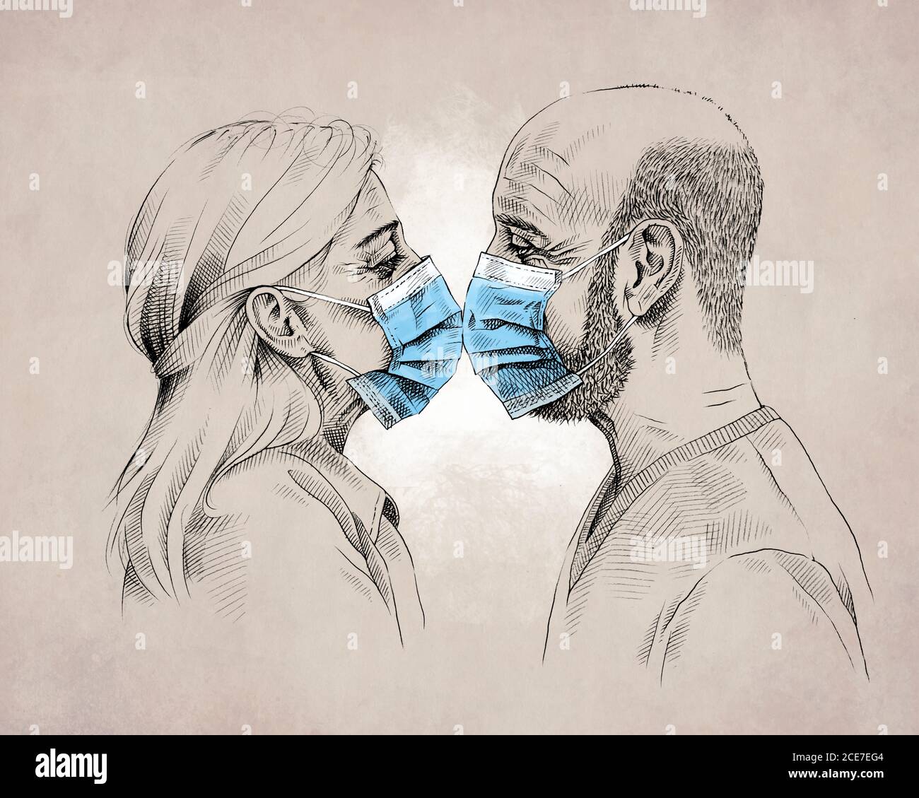 Drawing of profile of mature couple wearing blue protective masks and ...