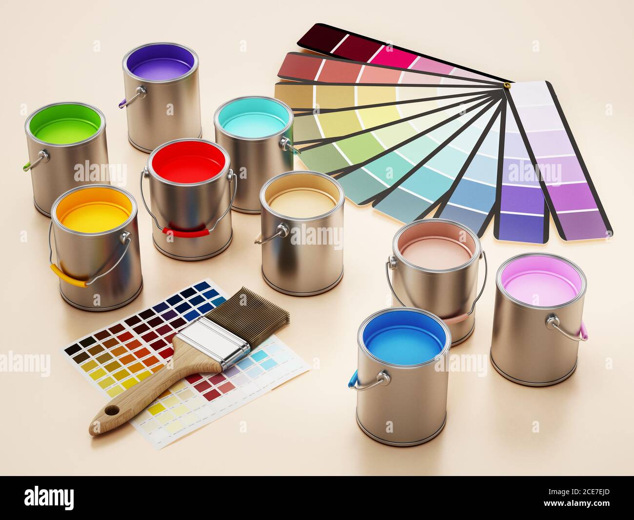 Paint cans, color guides and paintbrush. 3D illustration Stock Photo ...