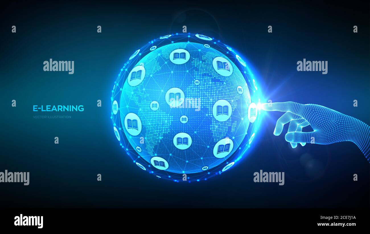 E-learning. Innovative online education technology concept. Hand touching Earth globe world map ...