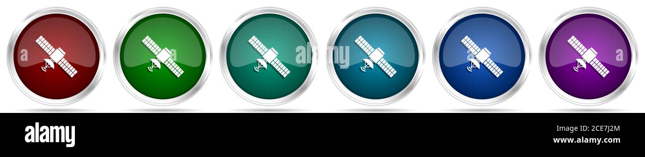 Satellite Connection Communication Technology Icons Set Of Silver Metallic Glossy Web
