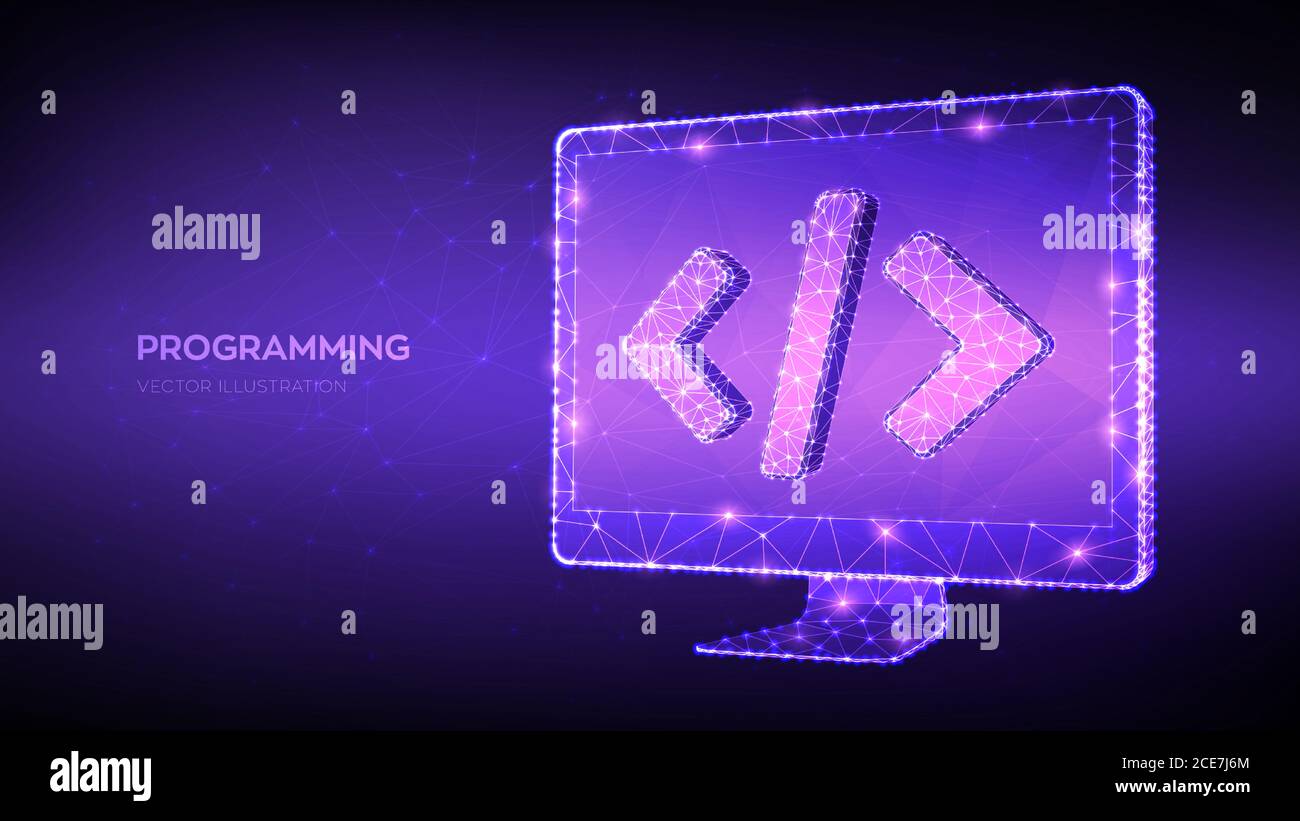 Programming Concept Abstract Low Polygonal Computer Monitor With Programming Code Symbol
