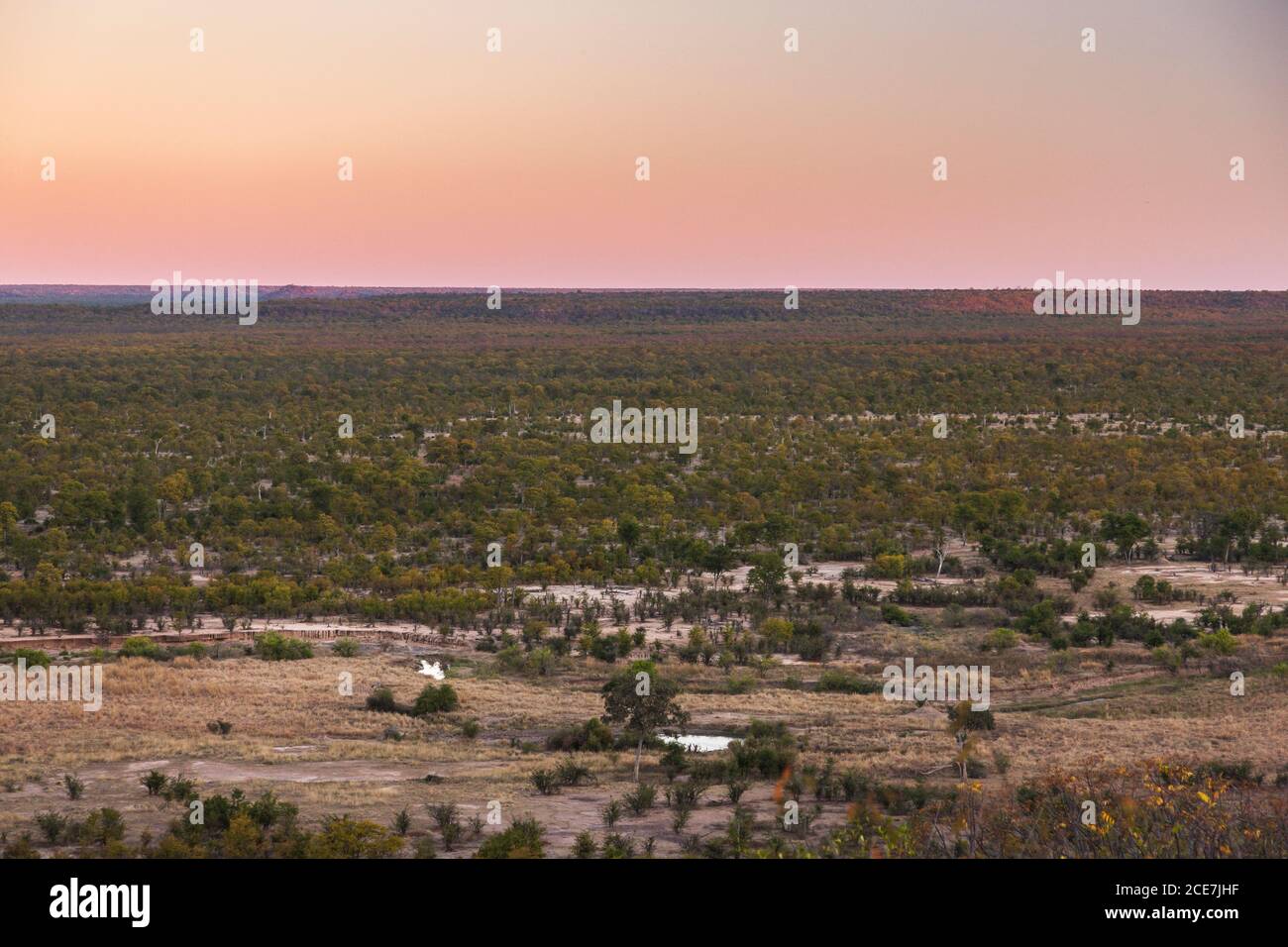 Morning view of the savanna, from the hill of Sinamatella camp, Hwange ...