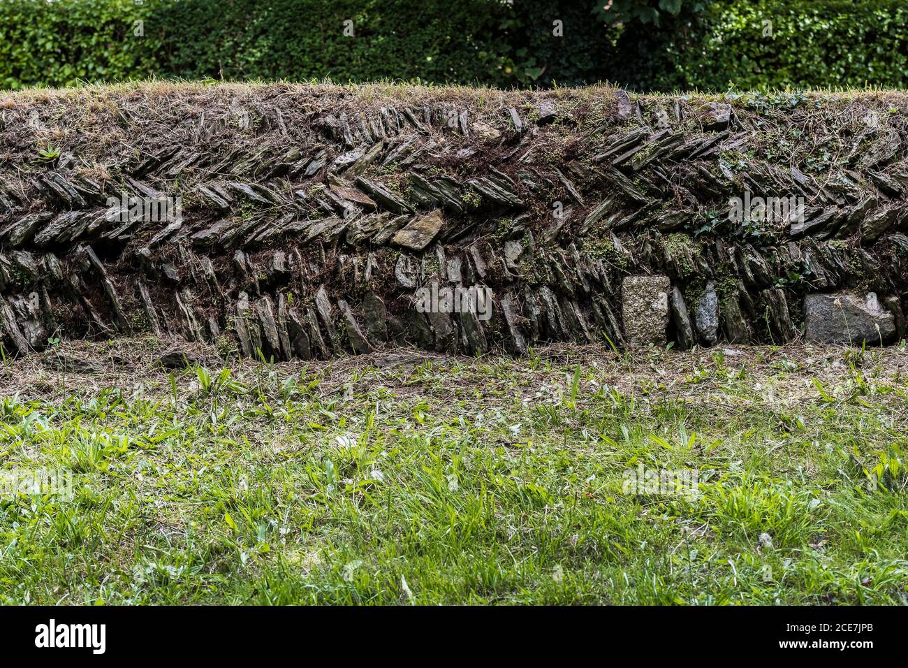 Stones laid in a herringbone pattern in a traditional Cornish Hedge in ...