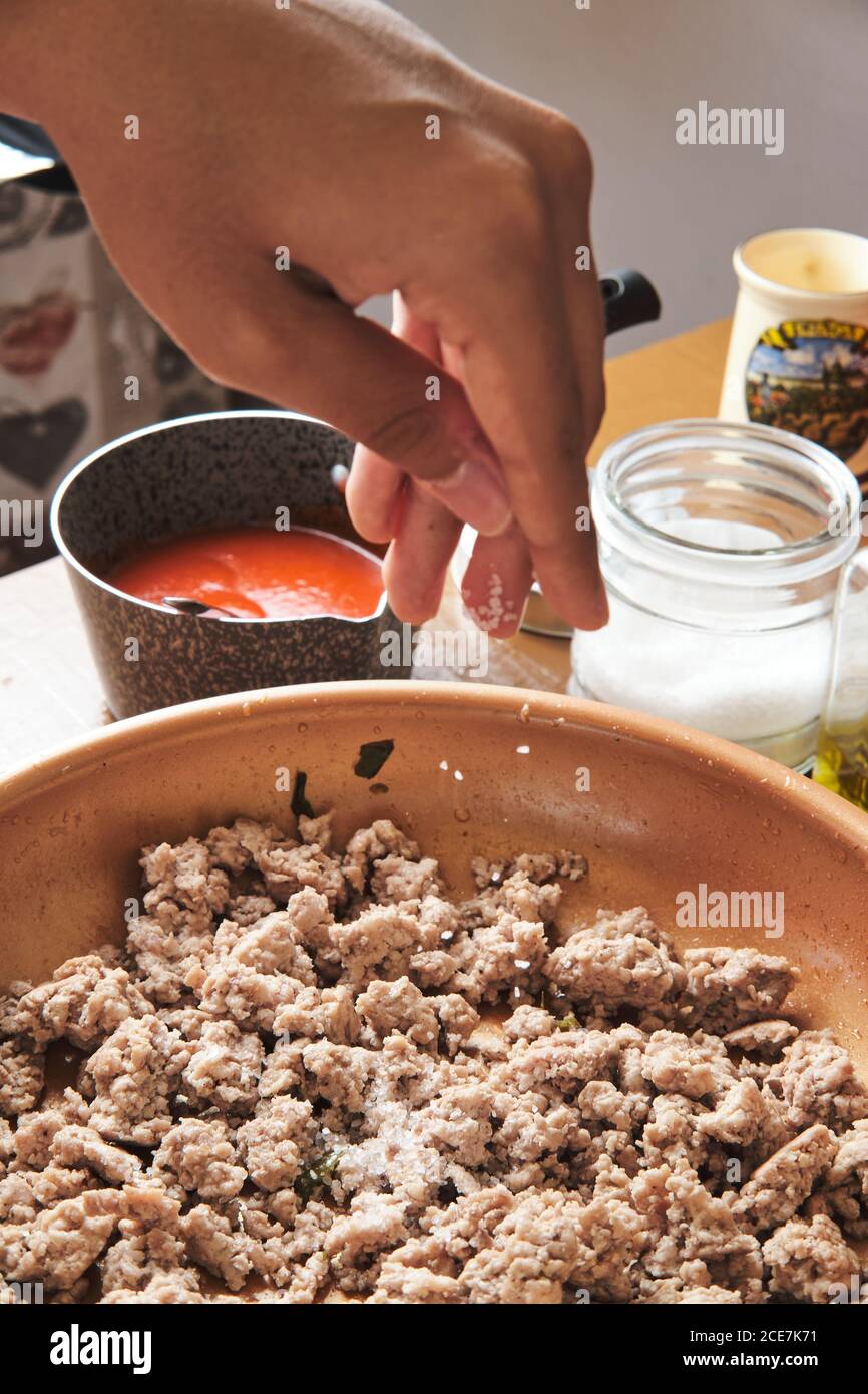Crop unrecognizable person adding salt into pan with minced meat while ...