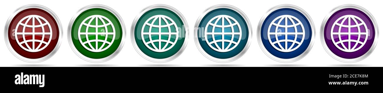 World, globe icons, set of silver metallic glossy web buttons in 6 ...
