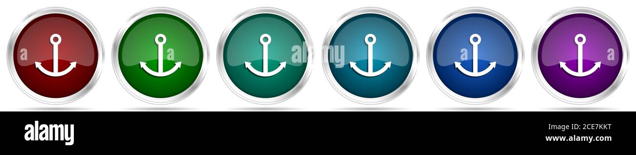 Anchor icons, set of silver metallic glossy web buttons in 6 color options isolated on white ...