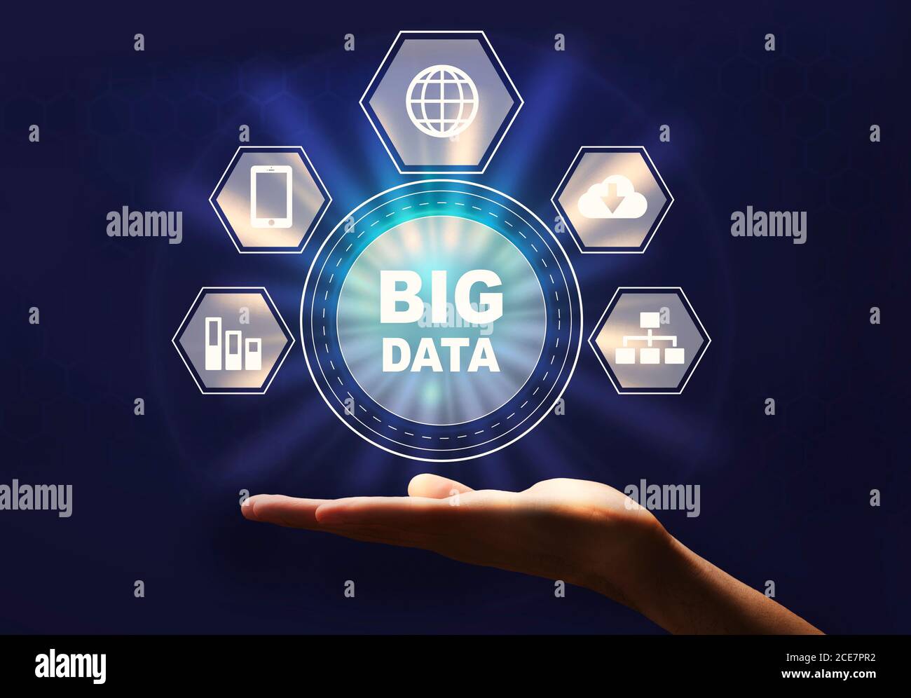 Male hand holding big data network inforgaphic icons on palm, creative ...