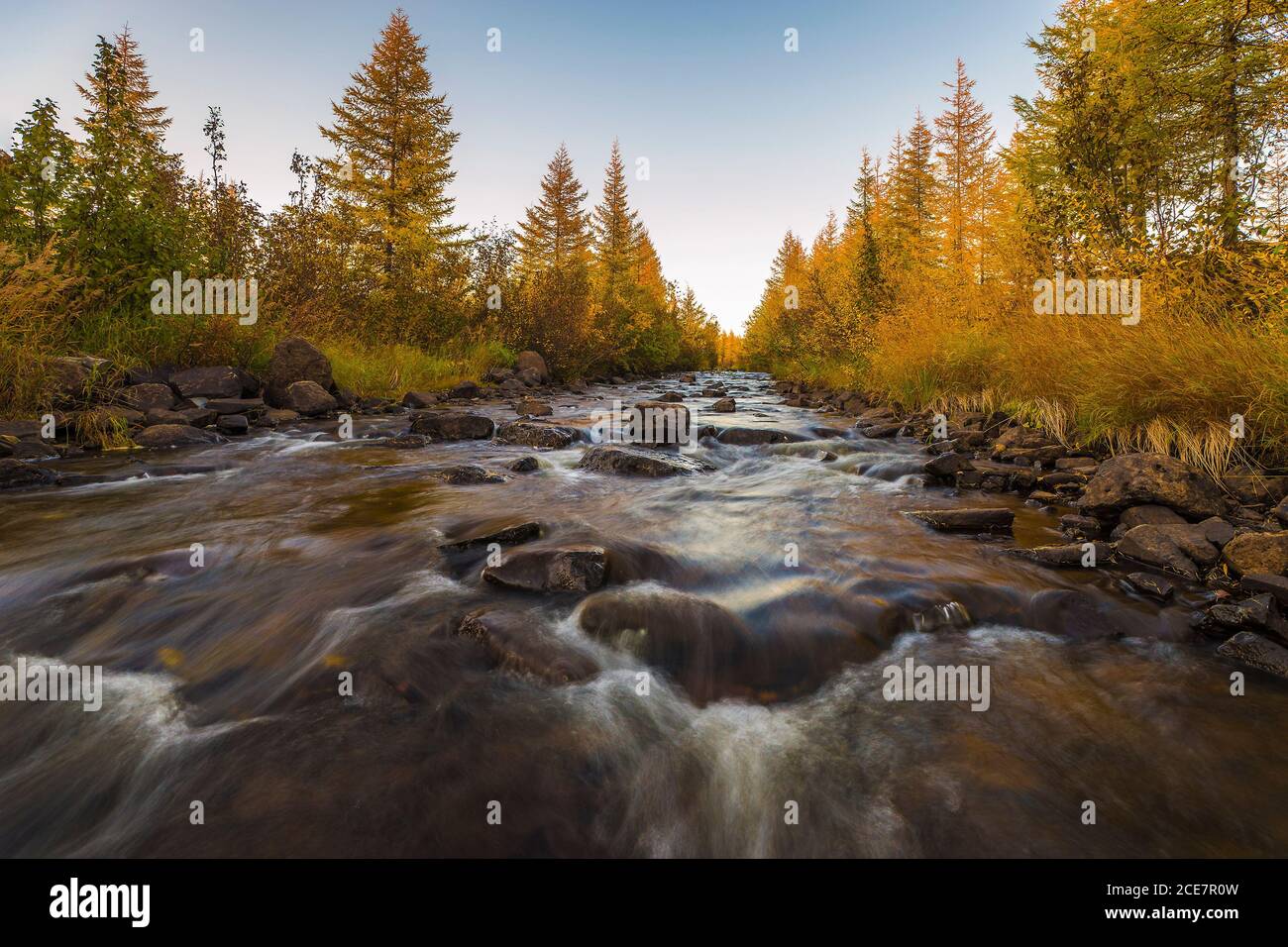 Summer day landscape with river, forest, clouds on the blue sky and sun ...