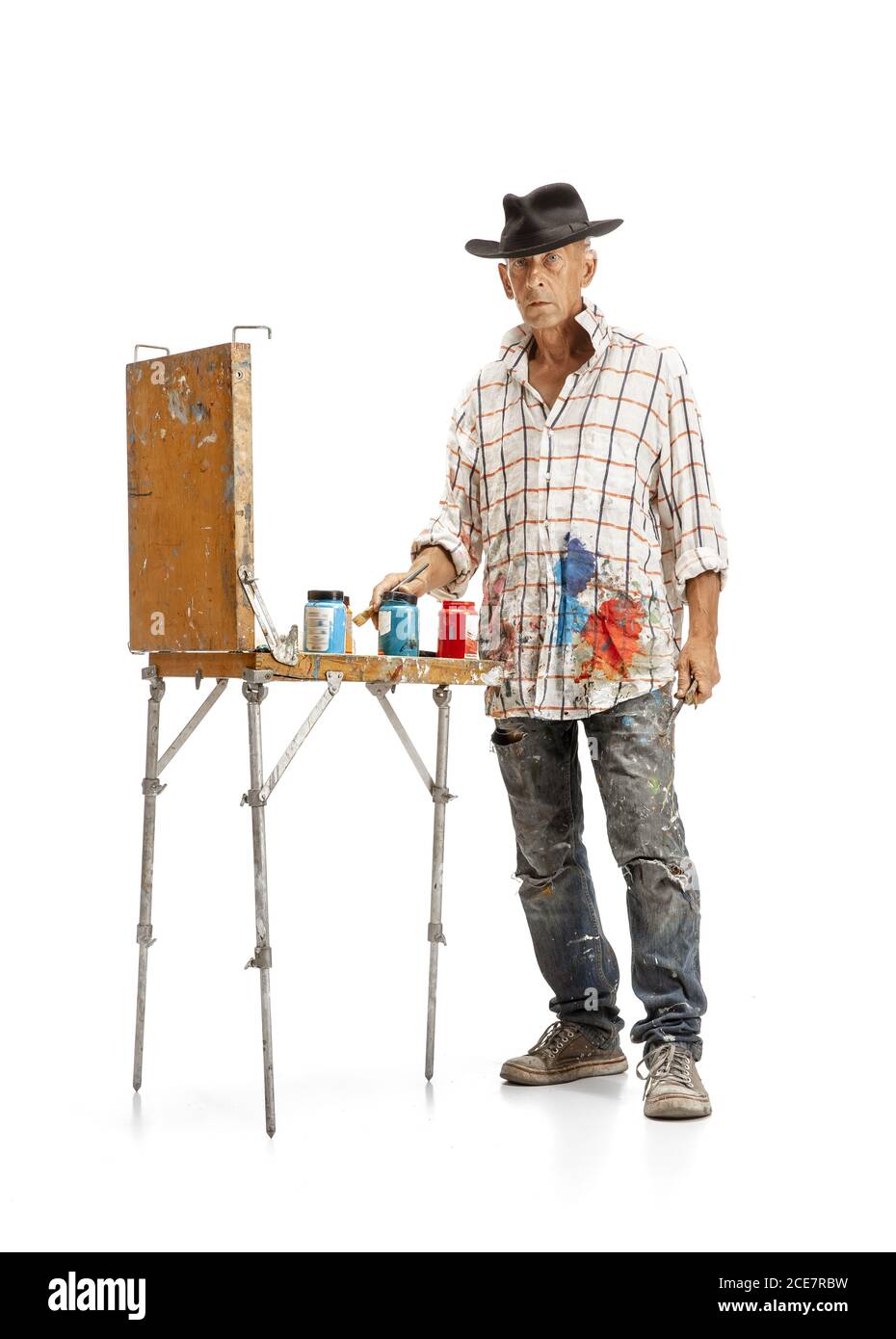 Male caucasian artist, painter at work isolated on white studio ...