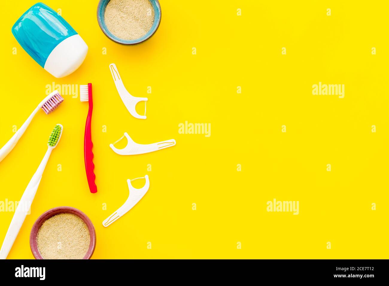 Set of different tools for dental care and hygiene. Top view, flat lay ...