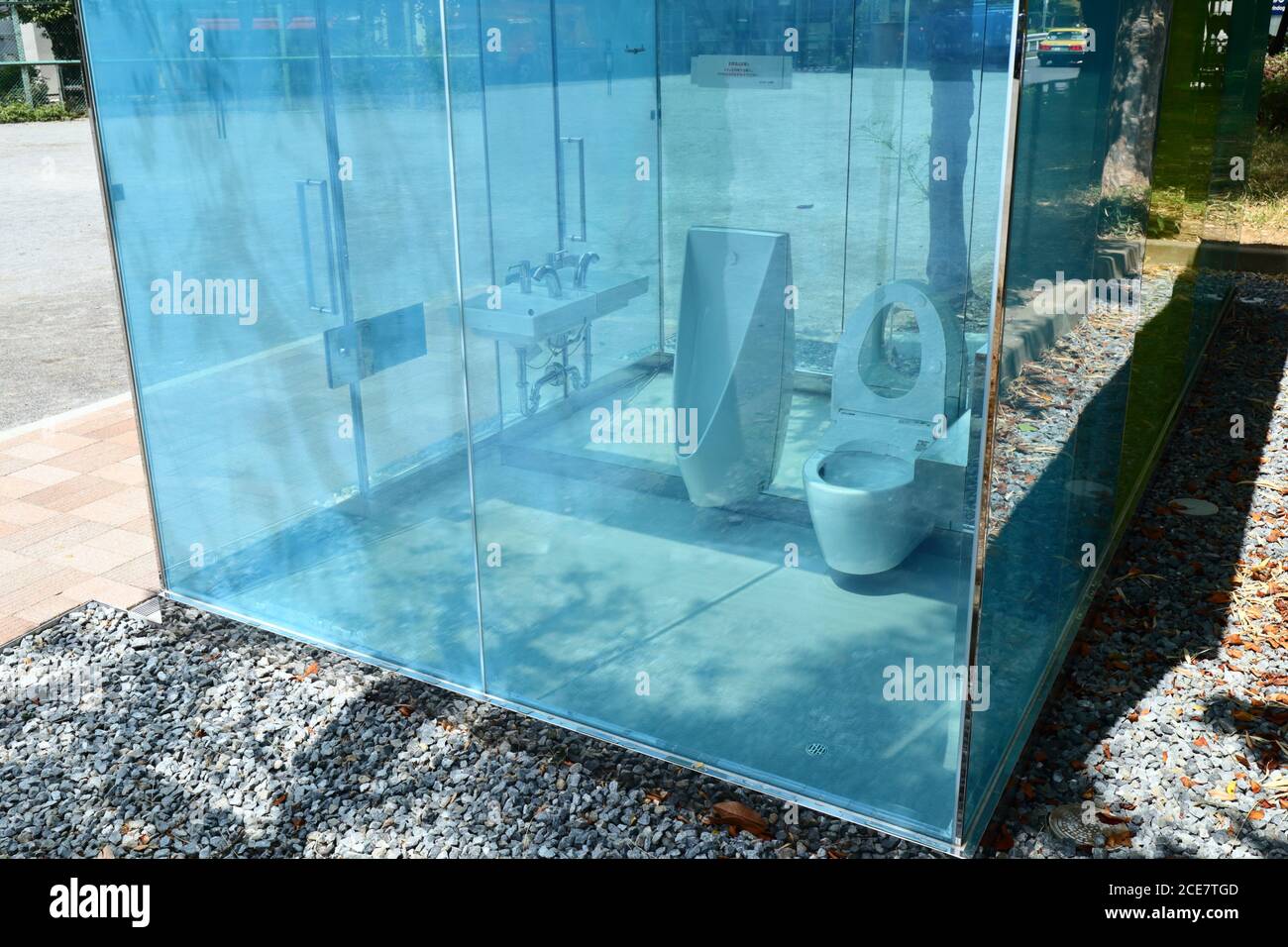 A general view of a transparent public toilet designed by Shigeru Ban ...