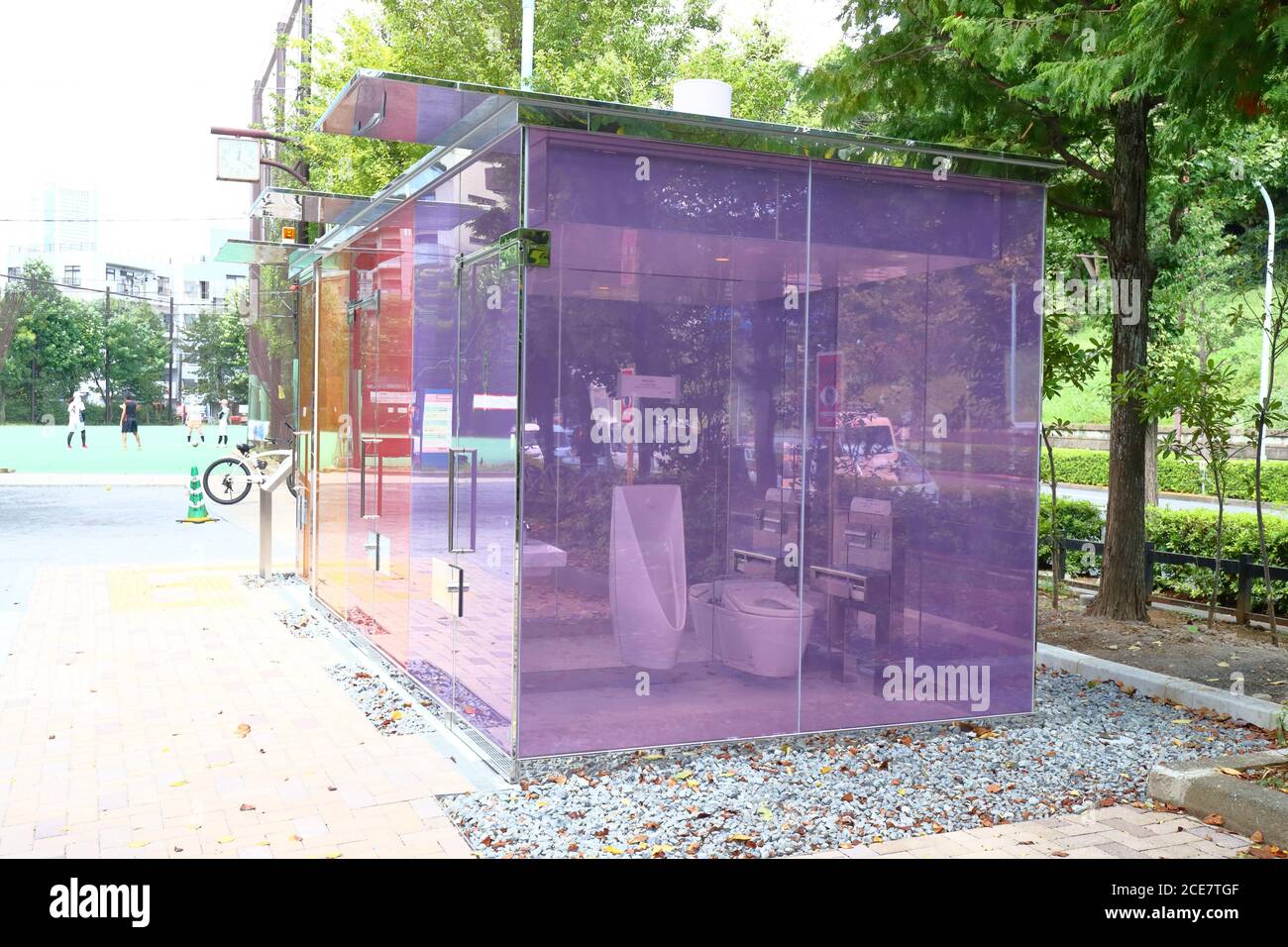 A general view of a transparent public toilet designed by Shigeru Ban ...