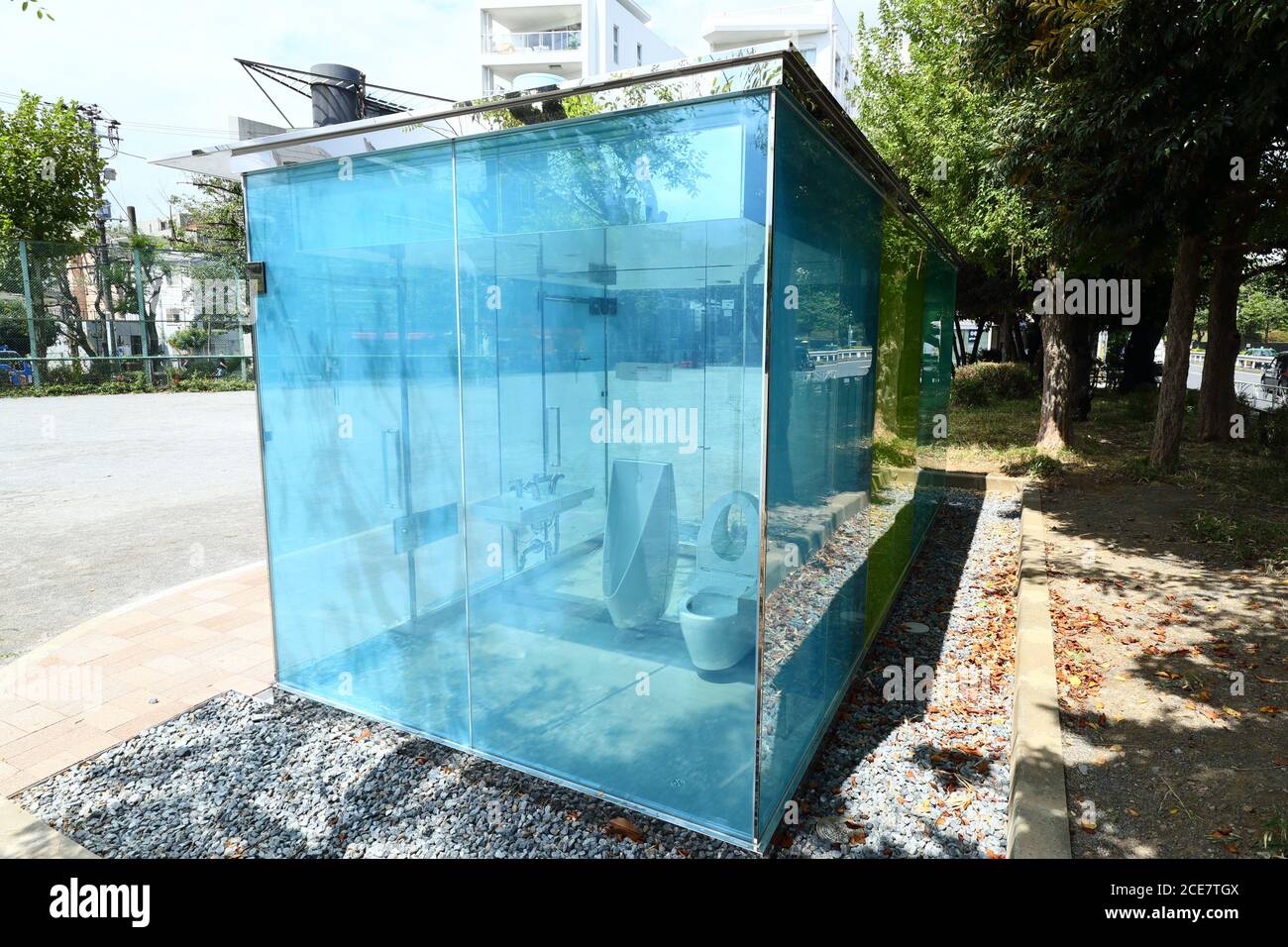 A general view of a transparent public toilet designed by Shigeru Ban ...