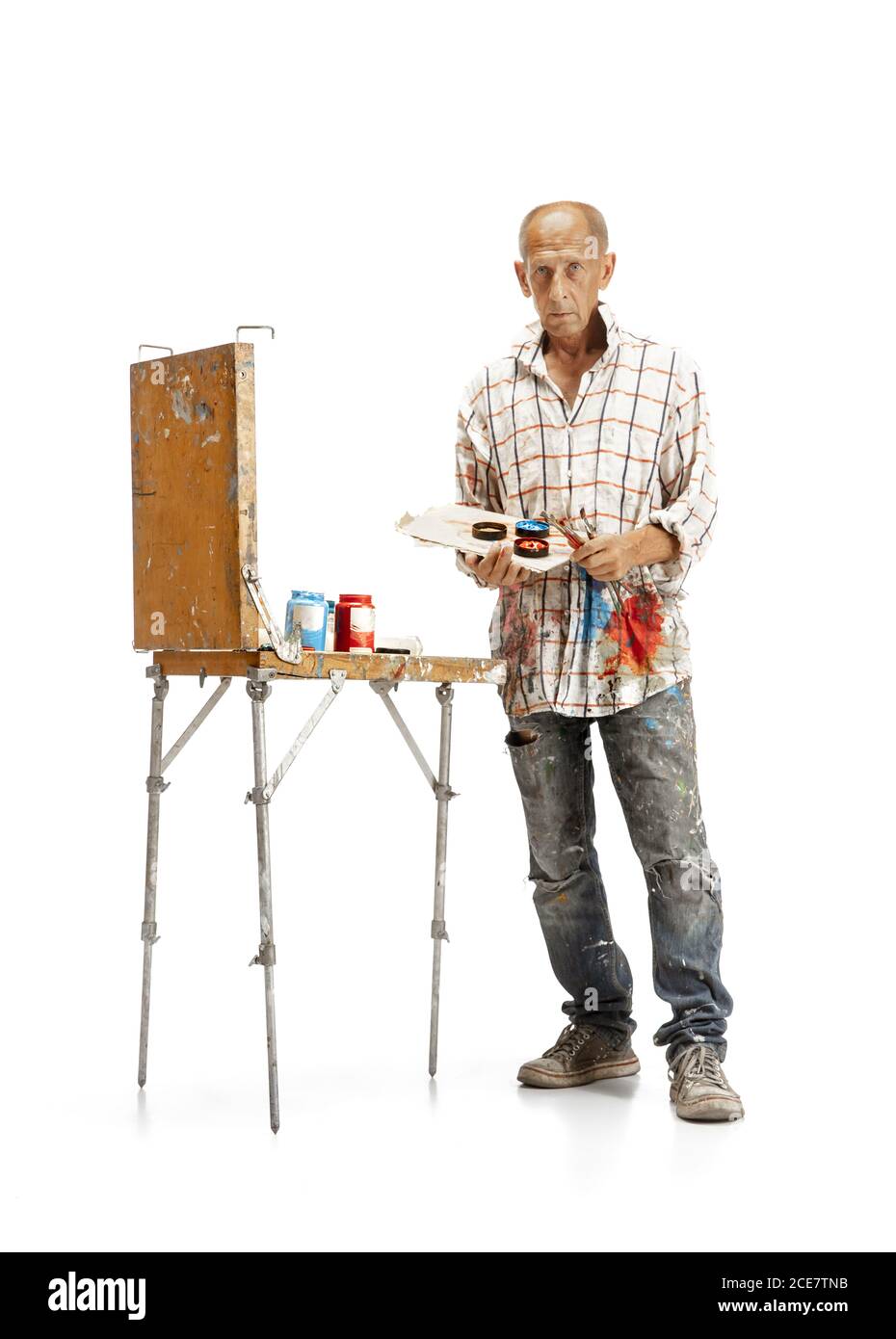 Male caucasian artist, painter at work isolated on white studio ...