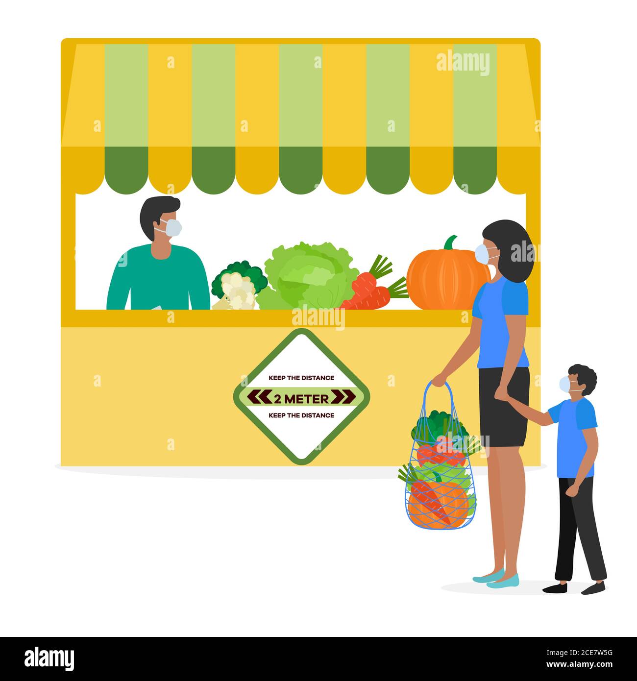 Vector illustration People Social distancing Market Selling vegetables ...