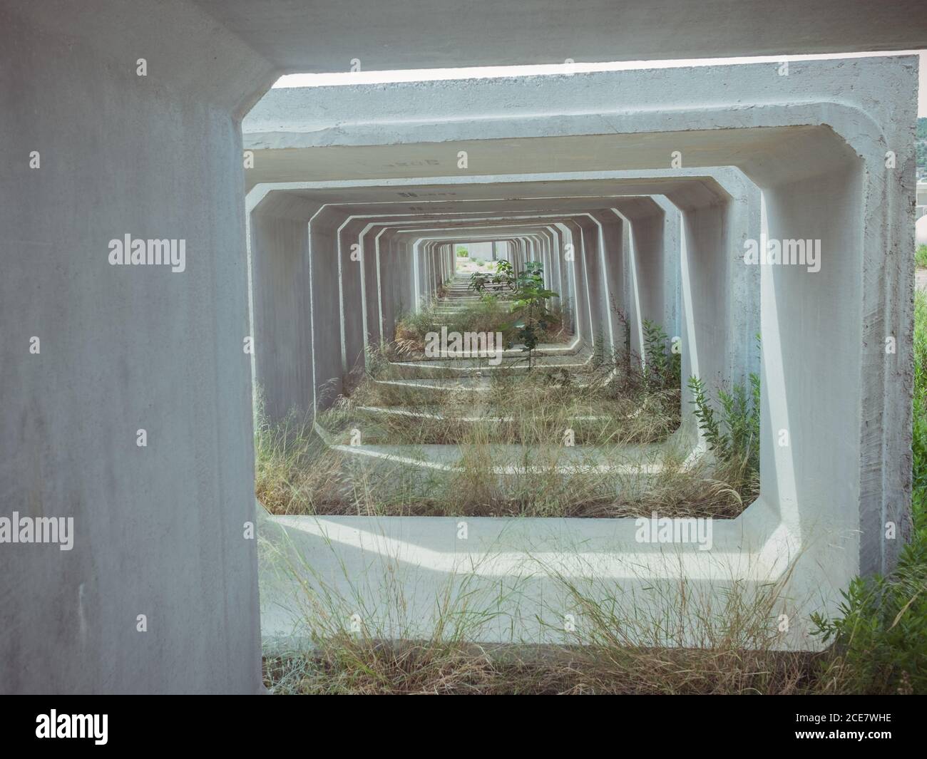 Perspective view of narrow passage with concrete walls and green grass ...