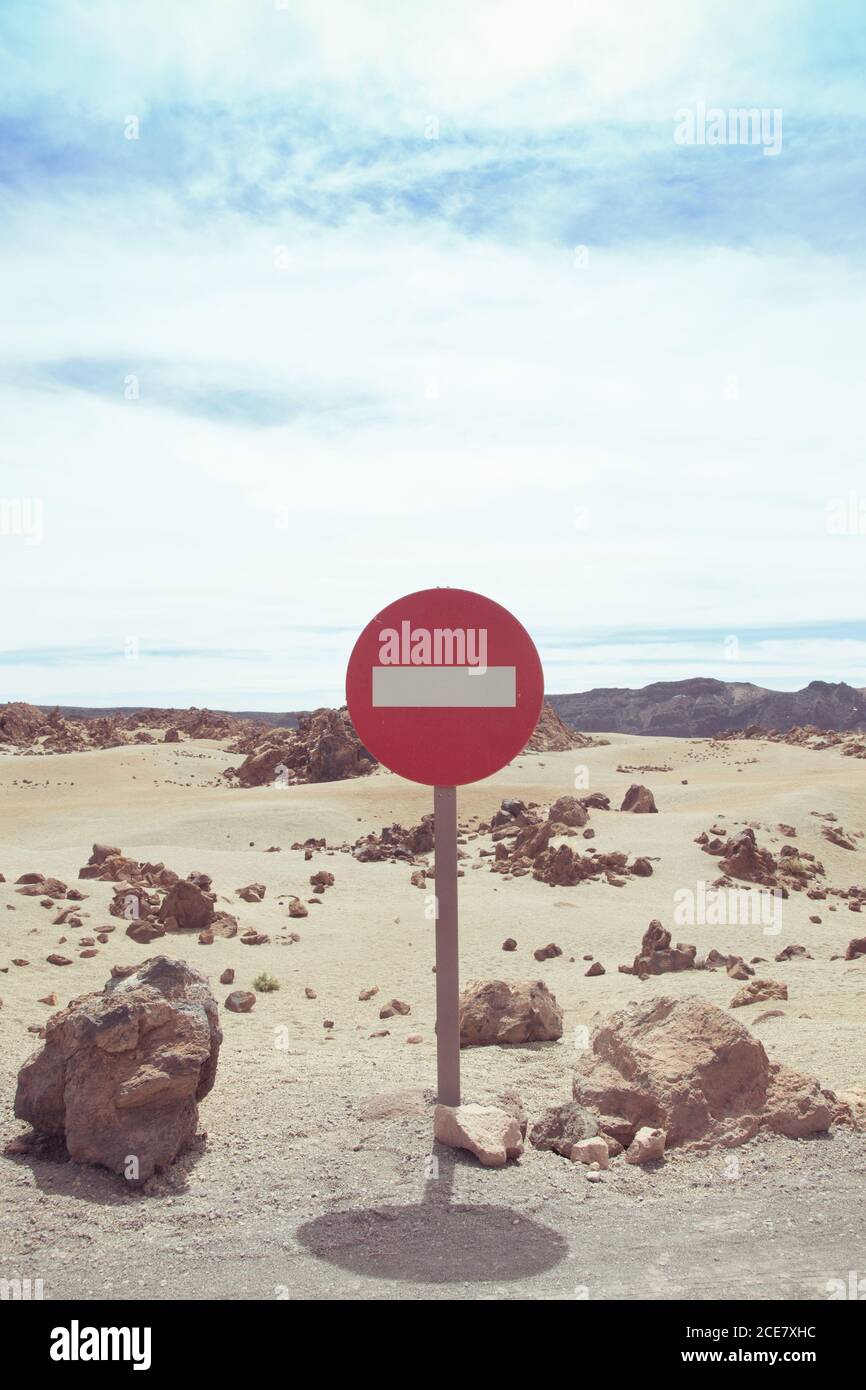 Prohibitory round red no entry road sign with white rectangle across ...