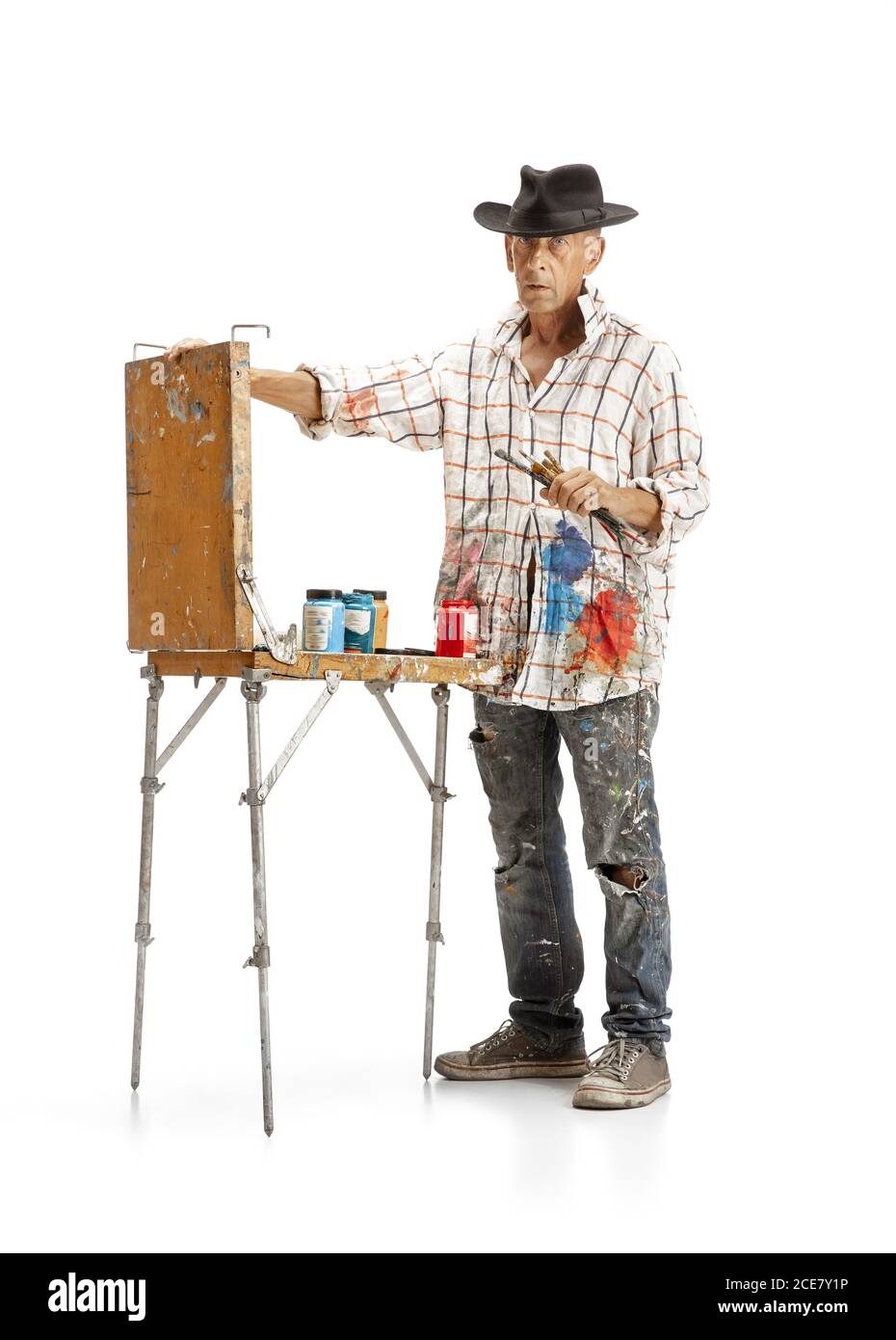 Male caucasian artist, painter at work isolated on white studio ...