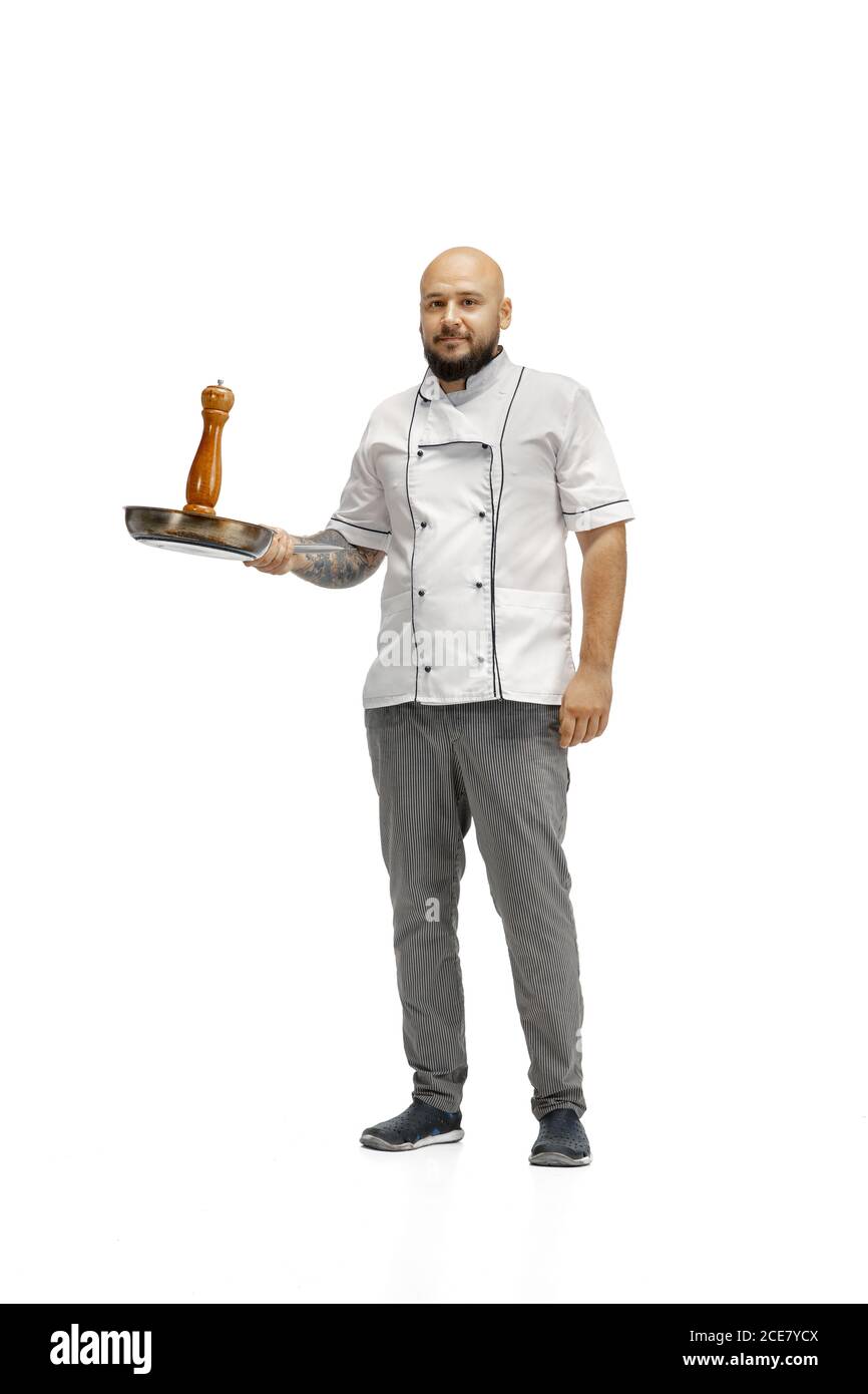 Portrait of a male chef cook, butcher isolated on a white studio ...