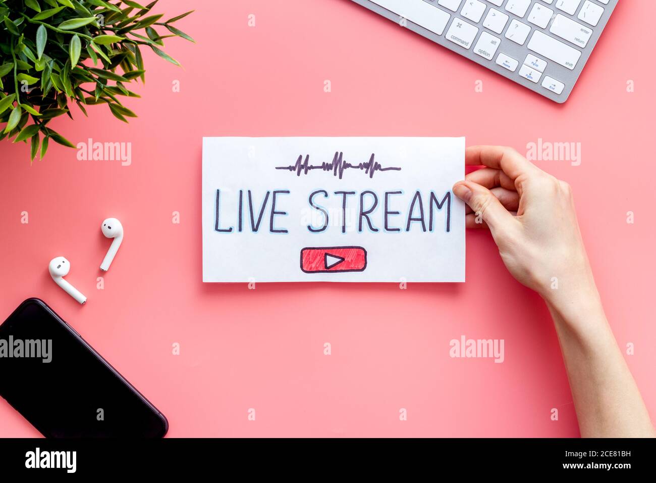 Streaming video concept - tablet on office workplace. Top view Stock ...