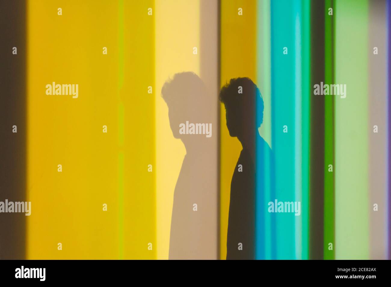 Side view of shadow of young male with curly hair standing in studio ...
