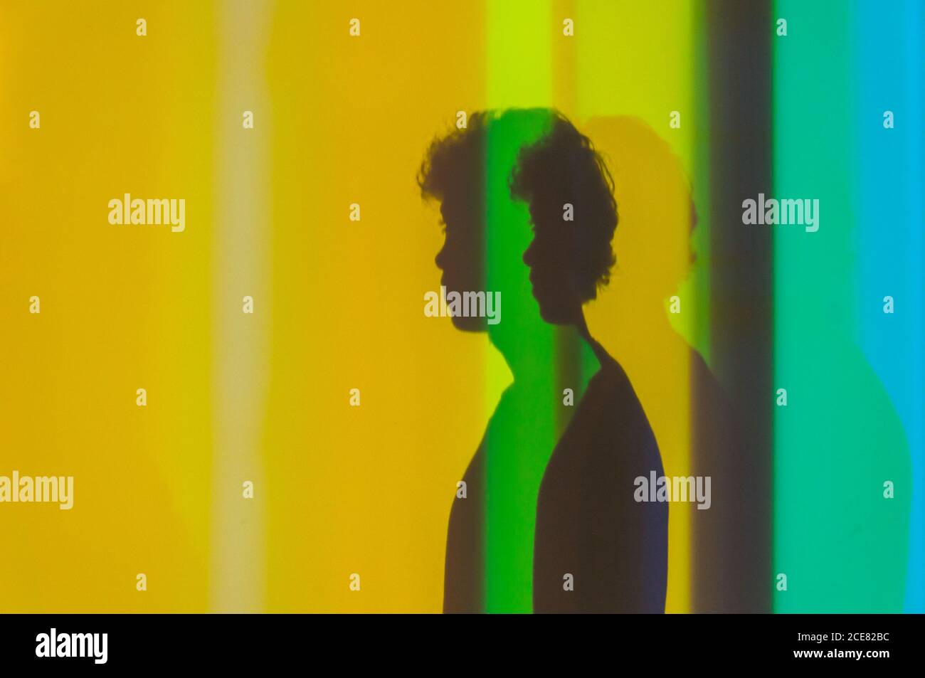Side view of shadow of young male with curly hair standing in studio ...