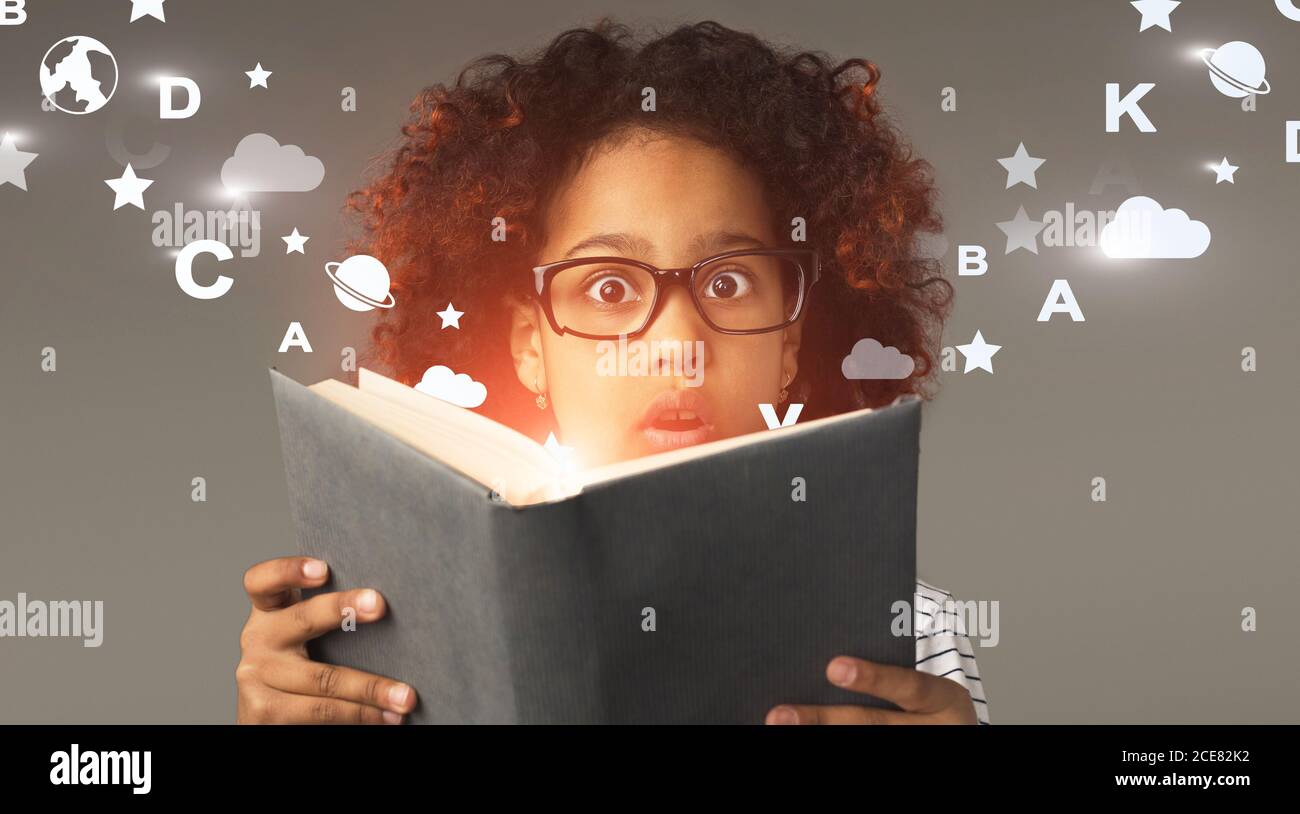 Amazed Girl Reading Book Over Gray Background, Collage With Characters ...