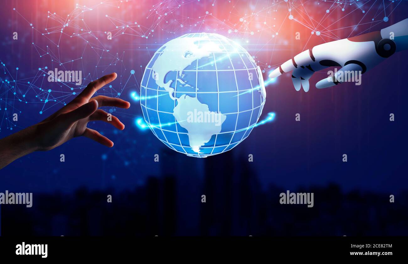 Human and robotics cooperation. Male and cyborg hands reaching 3d ...
