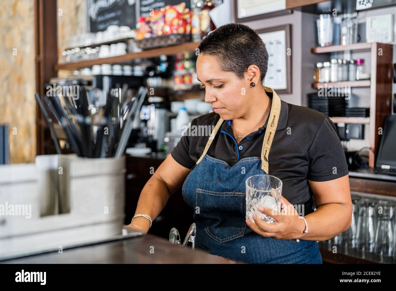 Positive focused female barkeeper in apron standing at counter making ...