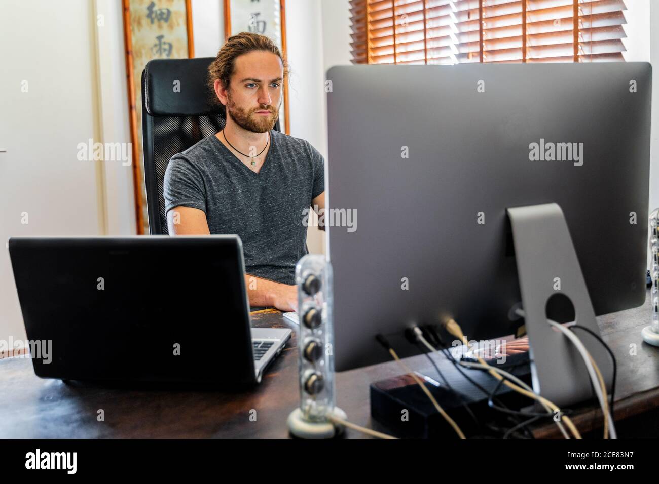 Handsome man working at desktop computer at home Stock Photo - Alamy