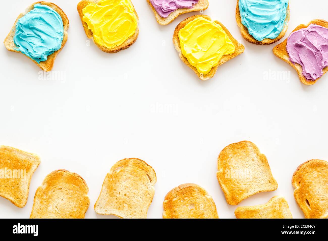 Set of bitten toast bread with cream cheese. Layout top view Stock ...