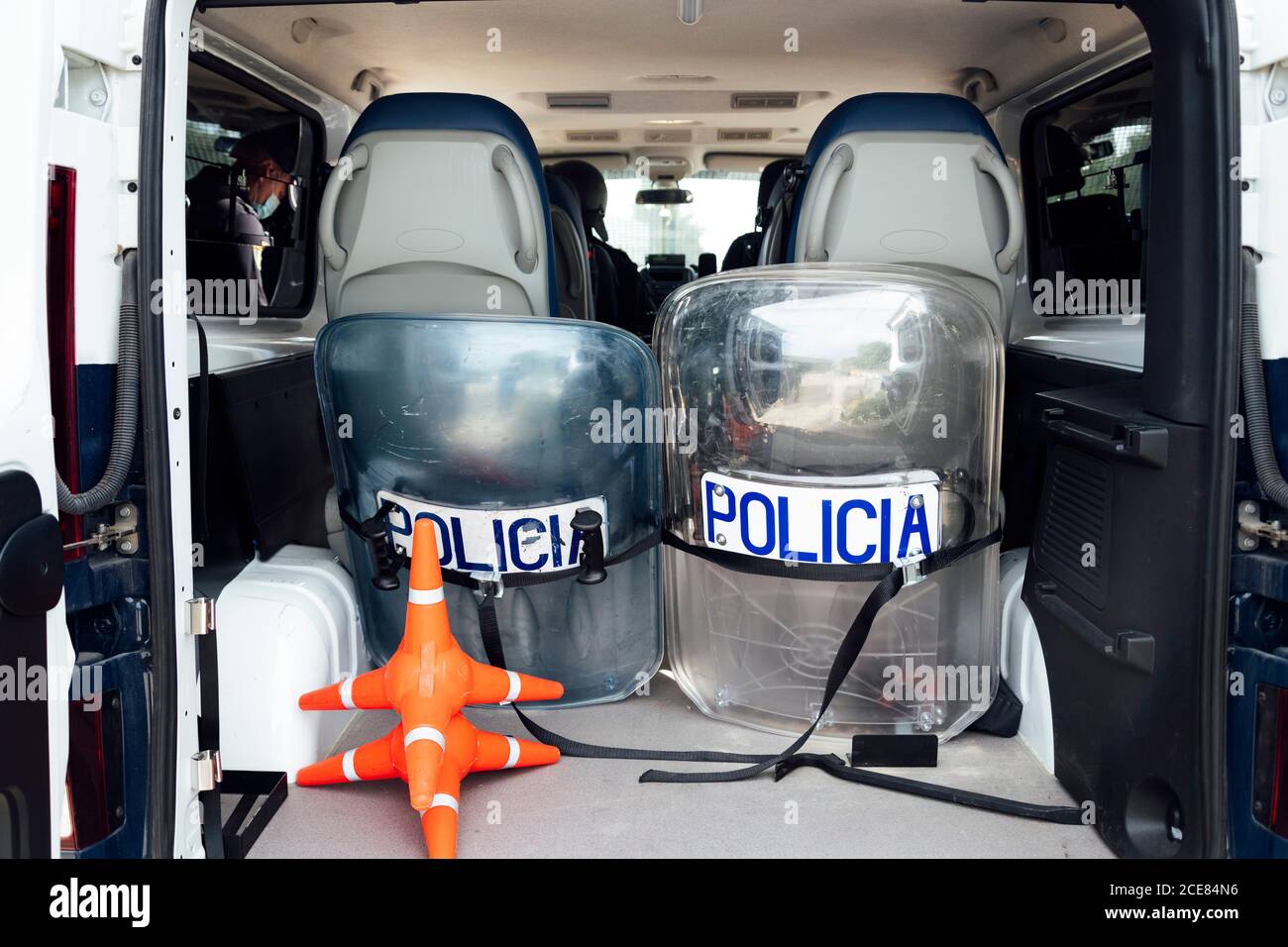Set of protective shields and traffic equipment placed in truck of ...