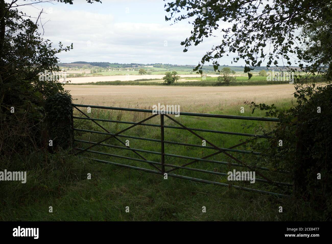 Metal farm gate and view of countryside near Idlicote, Warwickshire ...