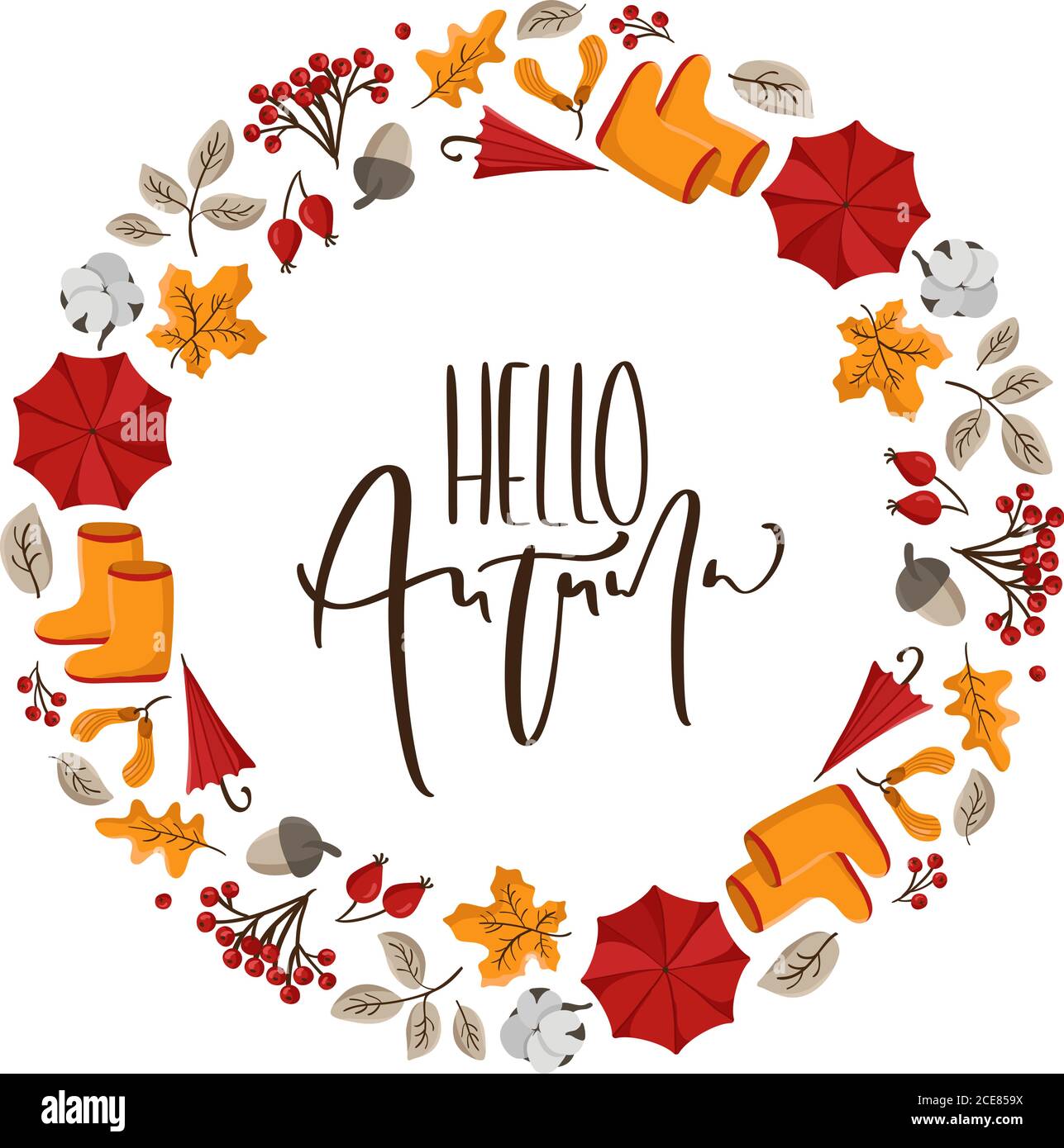 Hello Autumn Vector Calligraphy lettering text. Round background frame ...