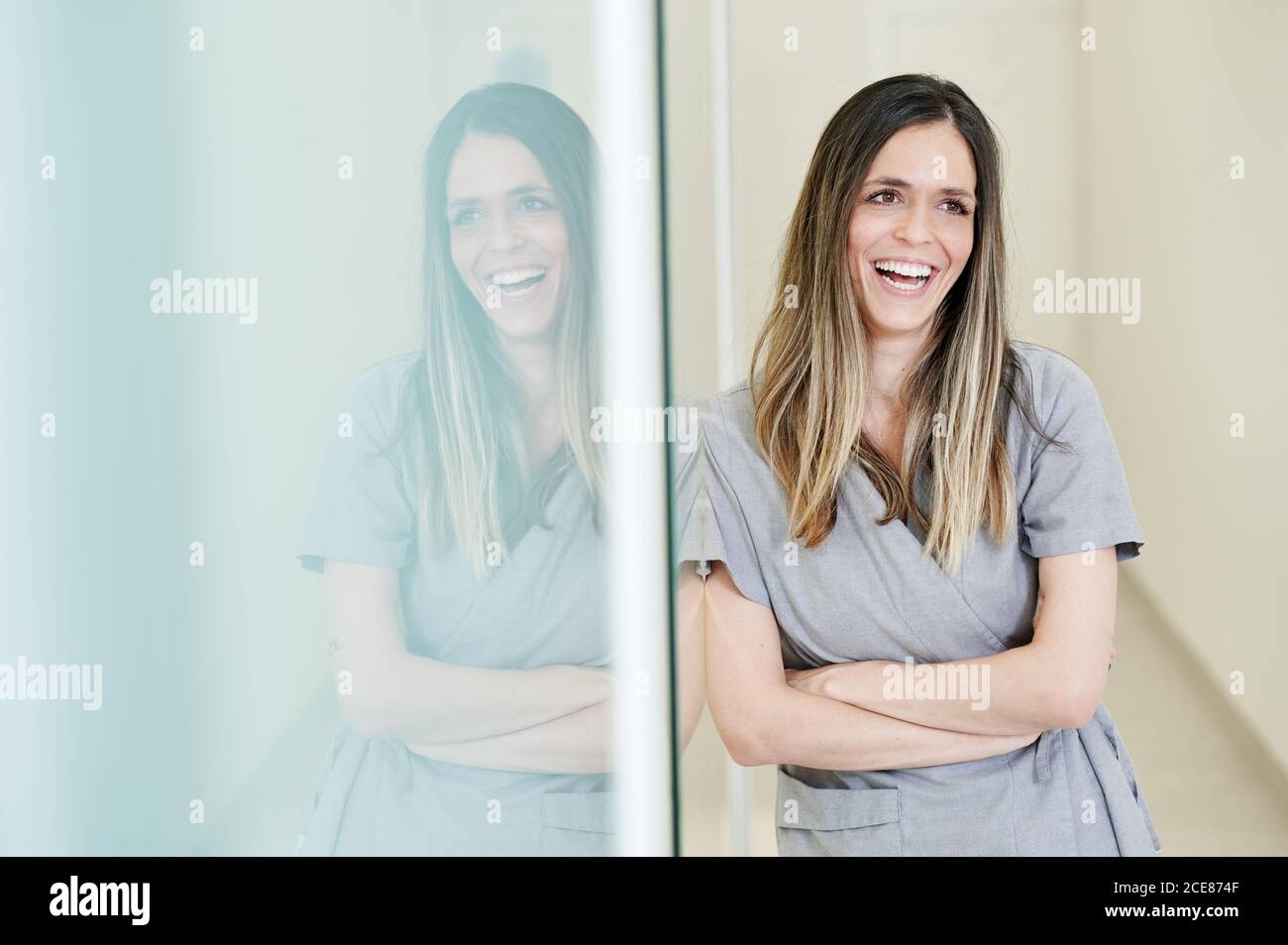 Smiling female professional stomatologist wearing gray uniform holding ...