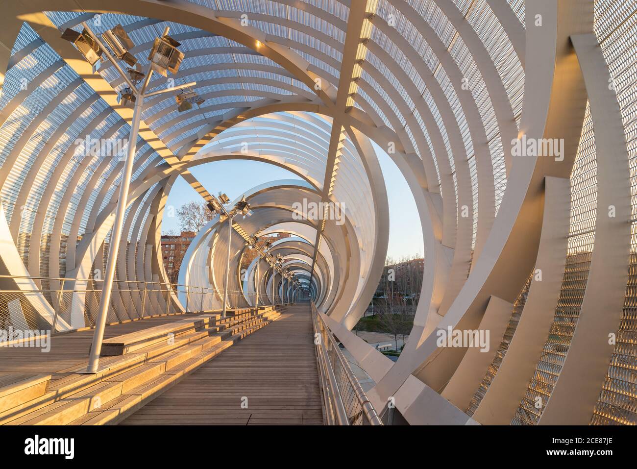 Perspective inside passage of helical cone shaped Arganzuela bridge ...