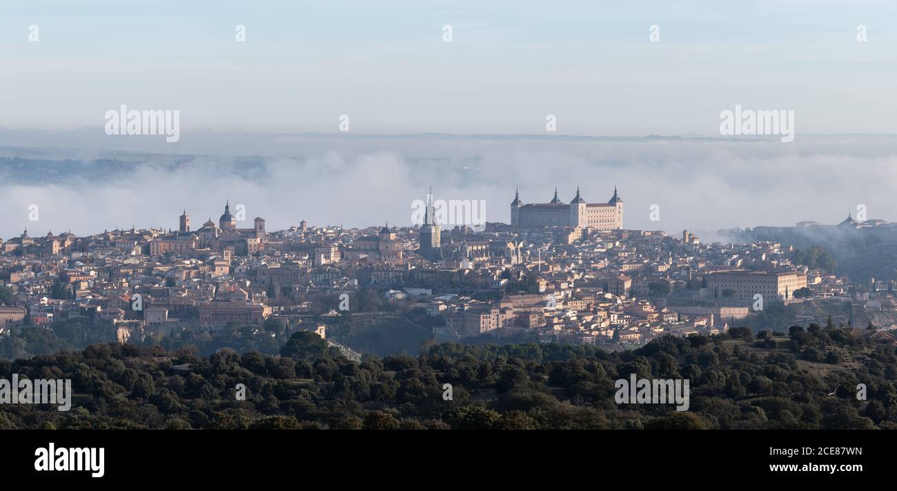 Aerial view of old city with historic buildings and stone castle on ...