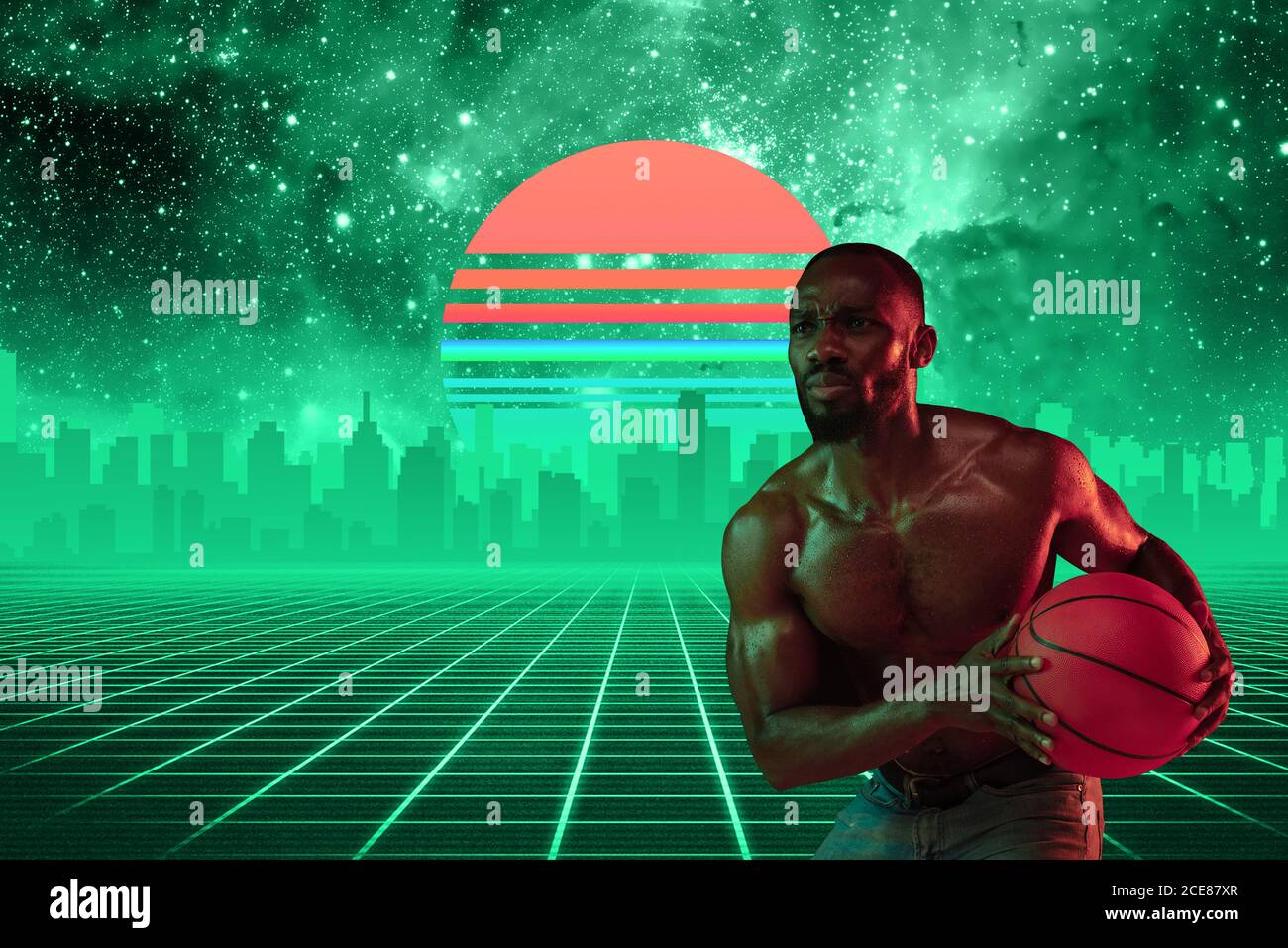 Basketball man. Beautiful background, synth wave and retro wave ...