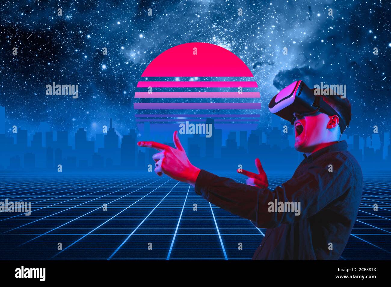 VR-playing. Beautiful background, synth wave and retro wave, vaporwave ...