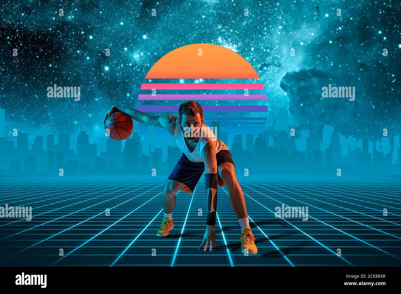 Basketball man. Beautiful background, synth wave and retro wave ...