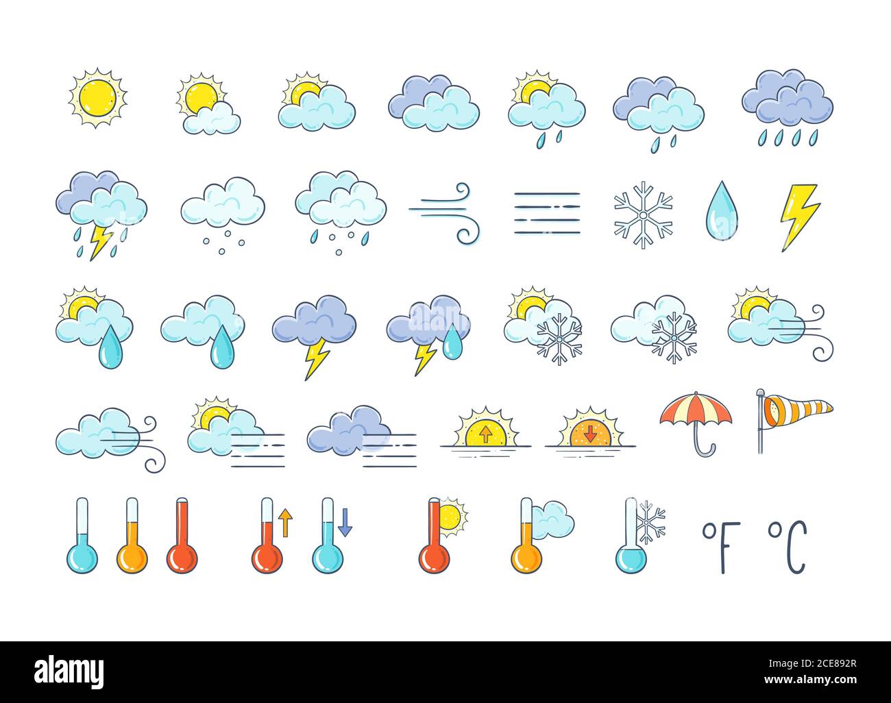 Colorful weather icons set. Hand drawn weather forecast design elements ...